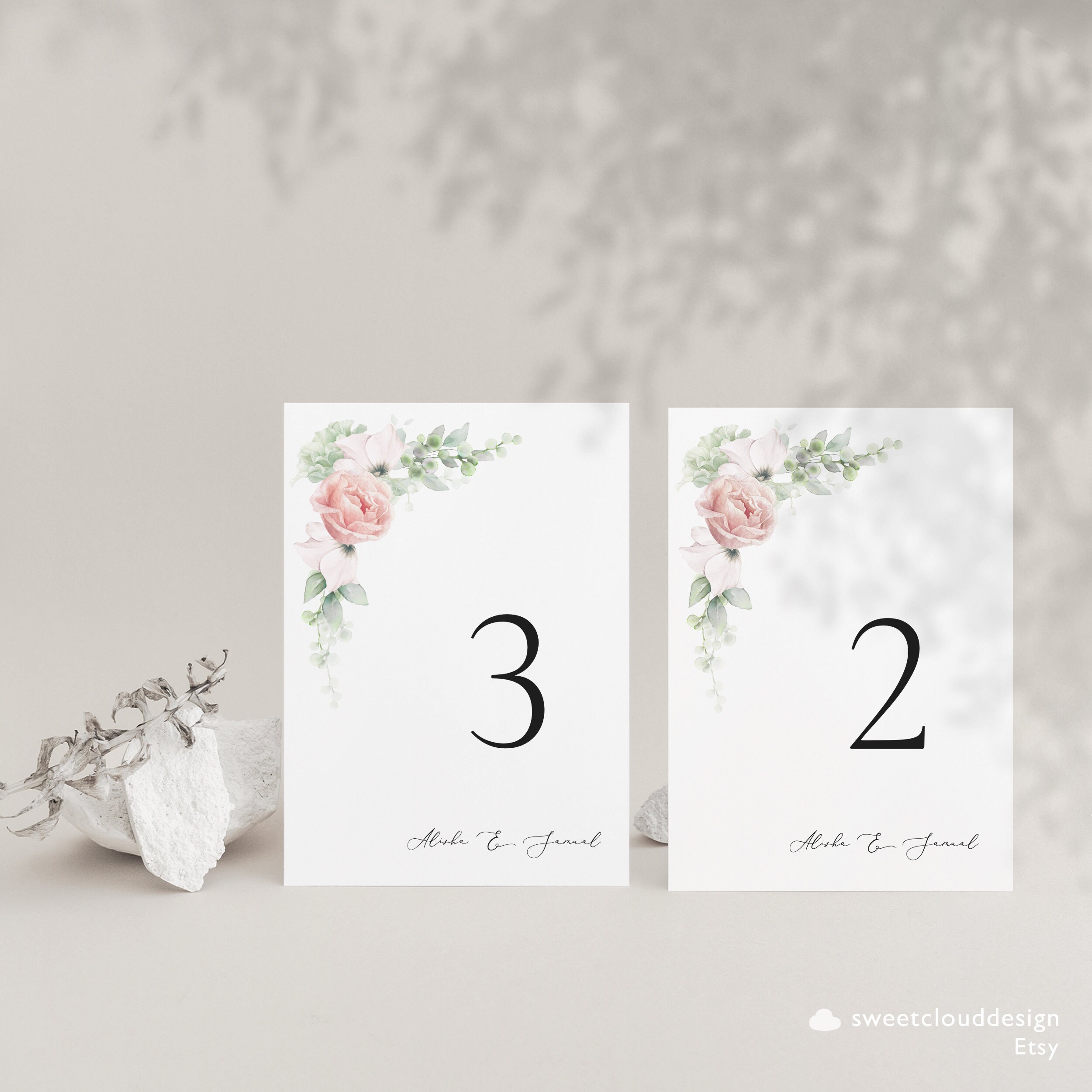 Dusty Pink Floral Table Number Template Blush Rose Wedding Table Number ...