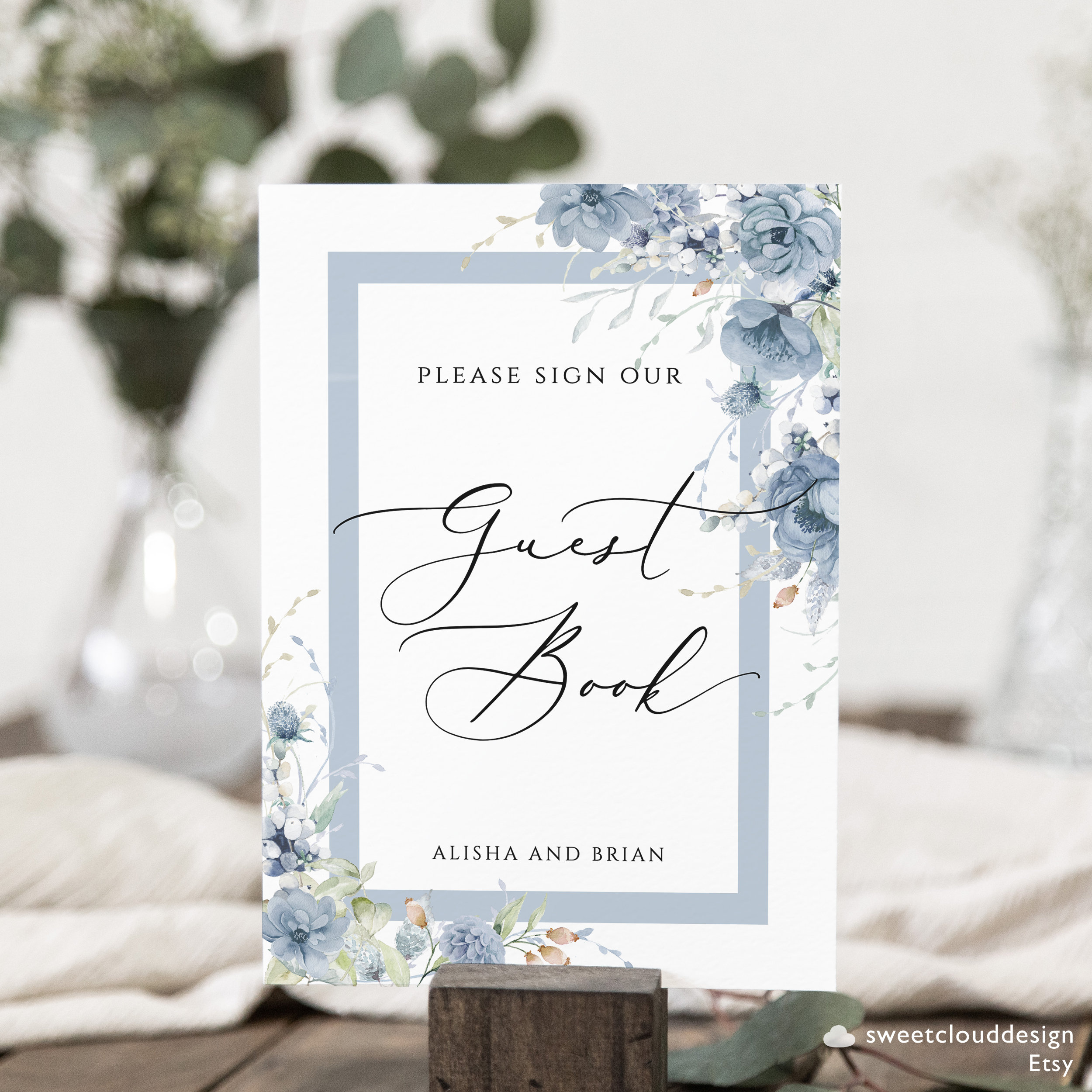 Dusty Blue Floral Guest Book Table Sign Template, Steel Blue Sign Our ...