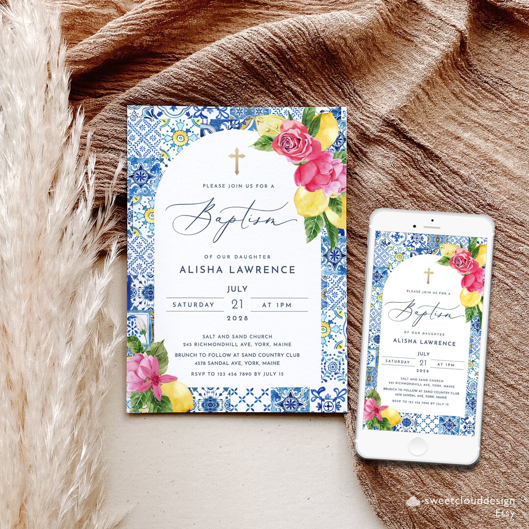 Baptism Invitation Template Mediterranean Lemon Baptism Card Gold Cross ...