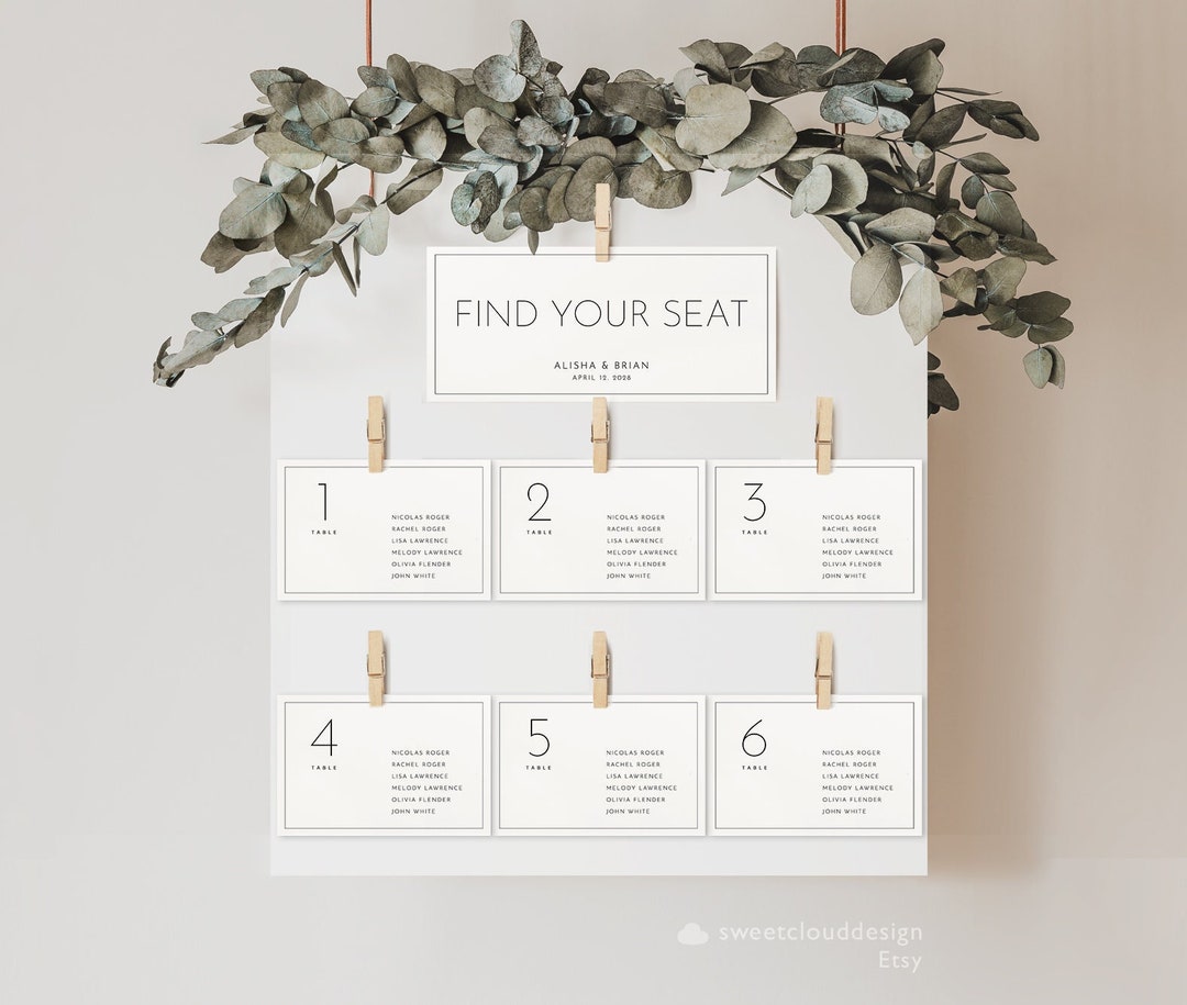 Minimal Table Seating Chart Card Template, Simple Wedding Seating Chart ...