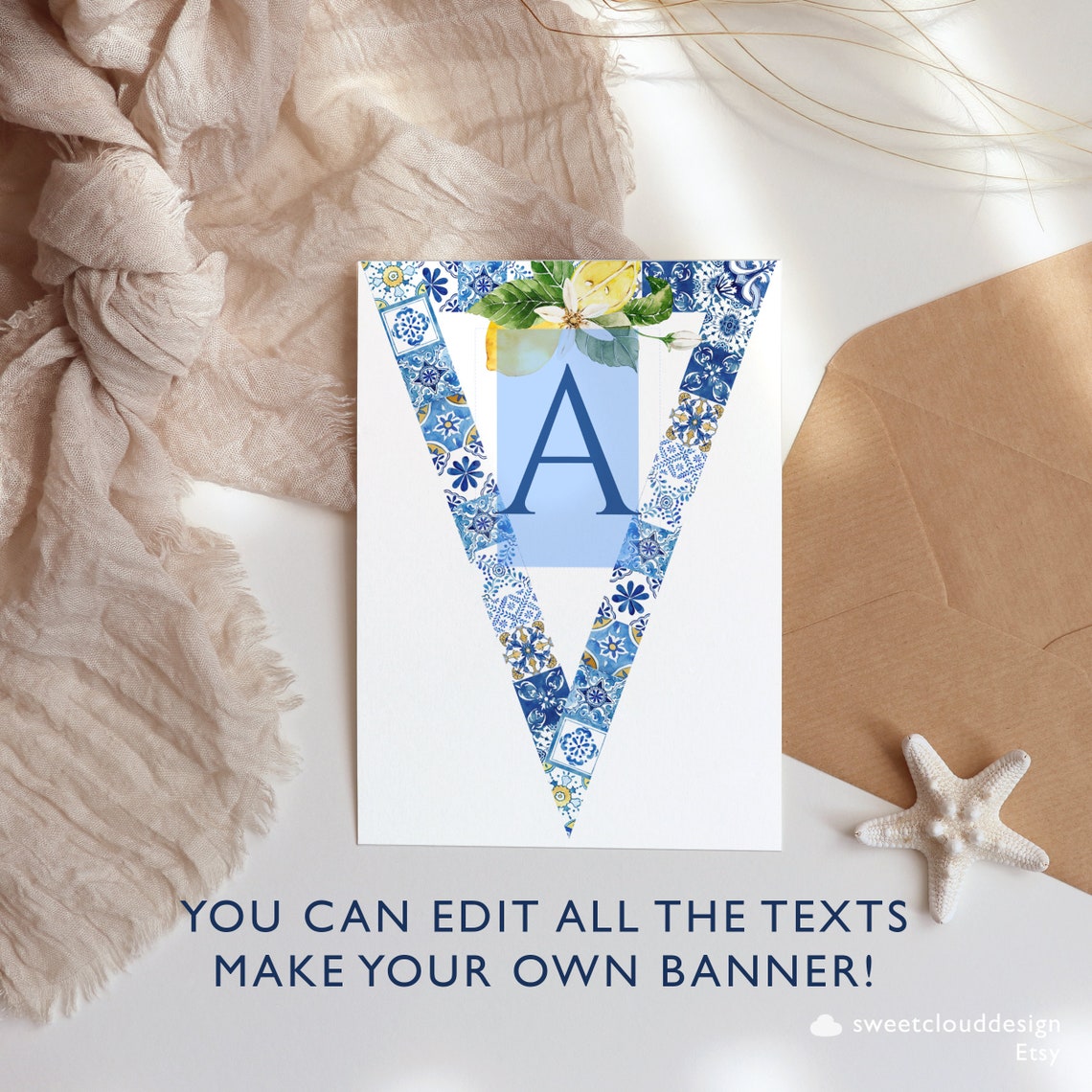 Blue Tile Lemon Birthday Banner Template Mediterranean Lemon - Etsy