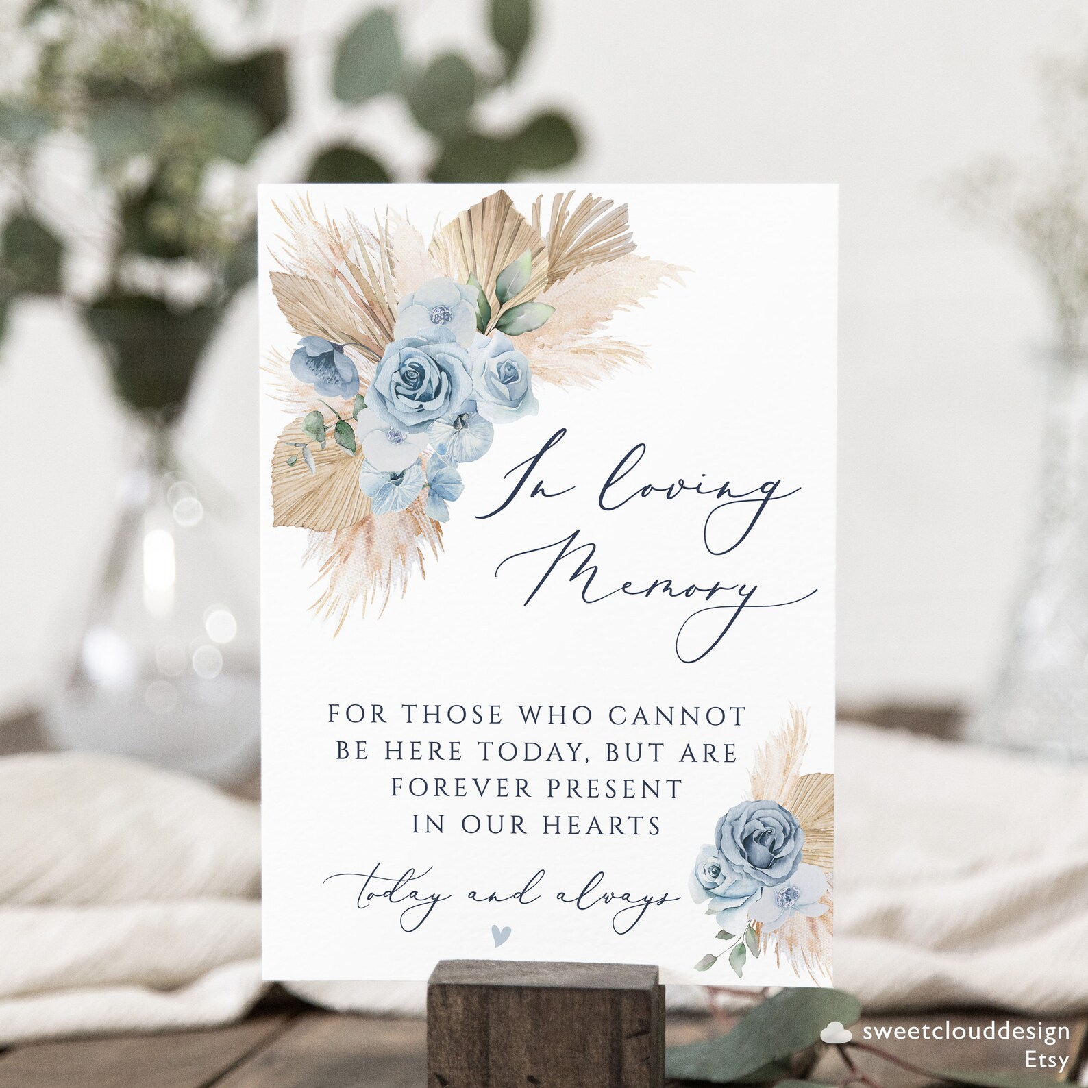 Dusty Blue Boho in Loving Memory Sign Blue Pampas Grass in Loving ...