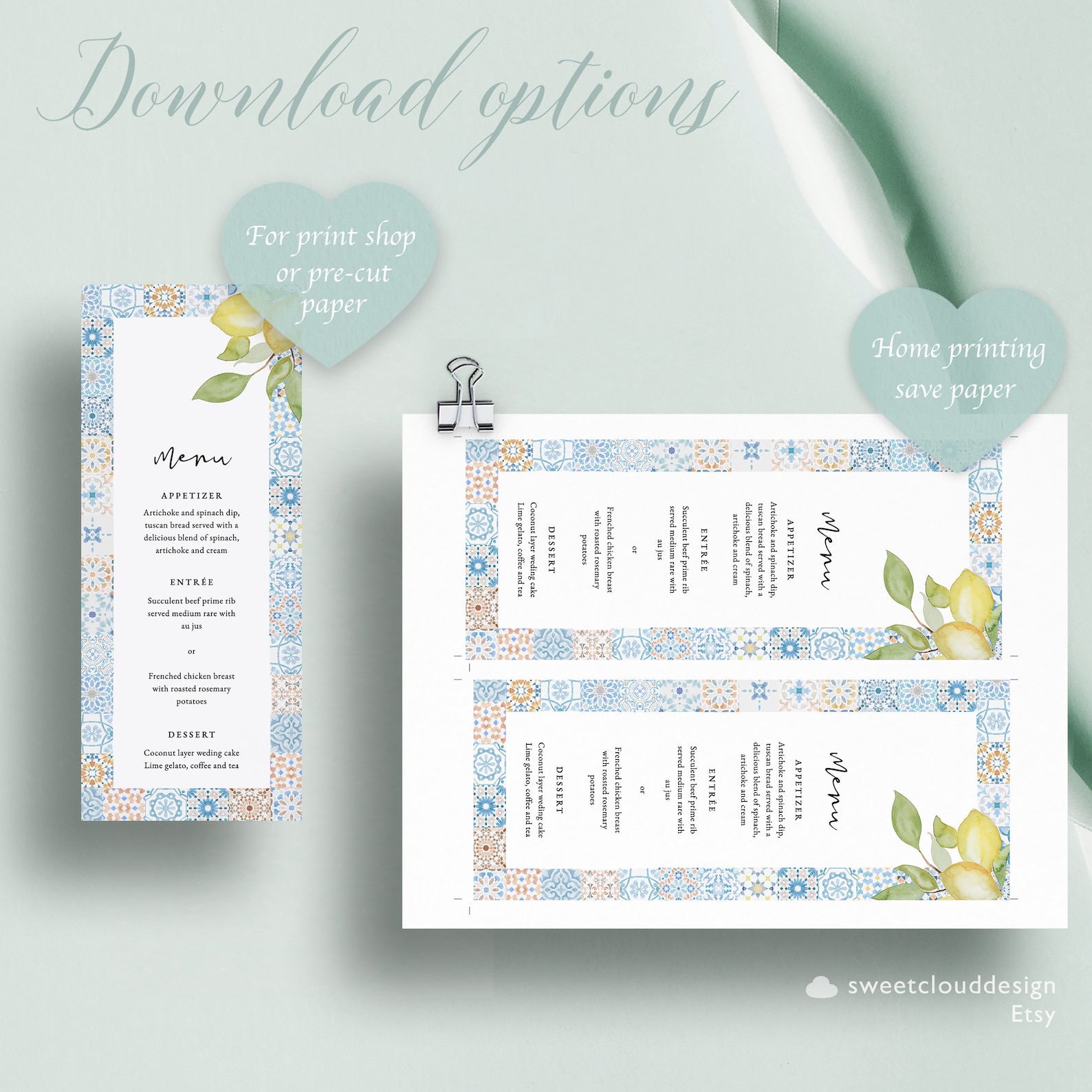Lemon and Blue Tile Wedding Menu Template Italy Blue Tile Table Menu ...