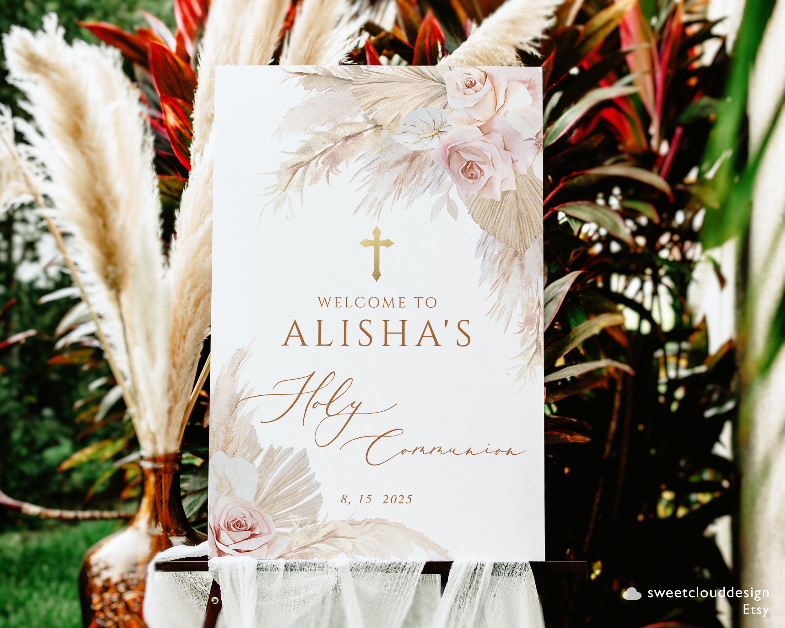 Dusty Pink Holy Communion Welcome Sign Template Gold Cross Pampas Grass ...