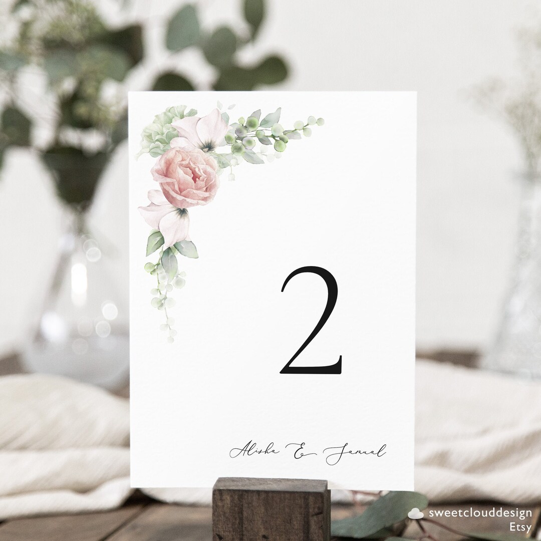 Dusty Pink Floral Table Number Template Blush Rose Wedding Table Number ...