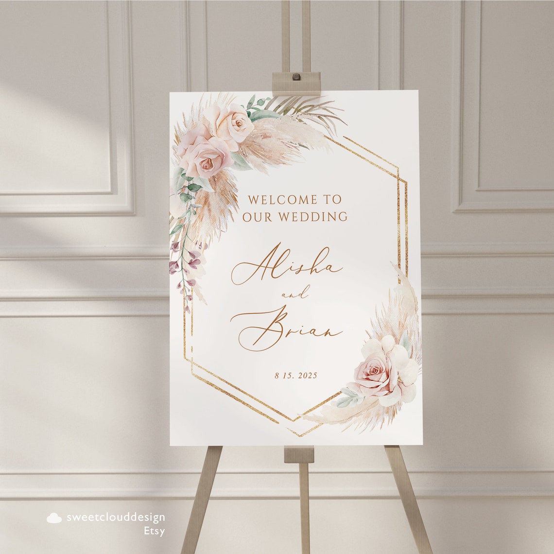 Blush Boho Welcome Wedding Sign Gold Frame Pampas Grass Welcome Sign ...