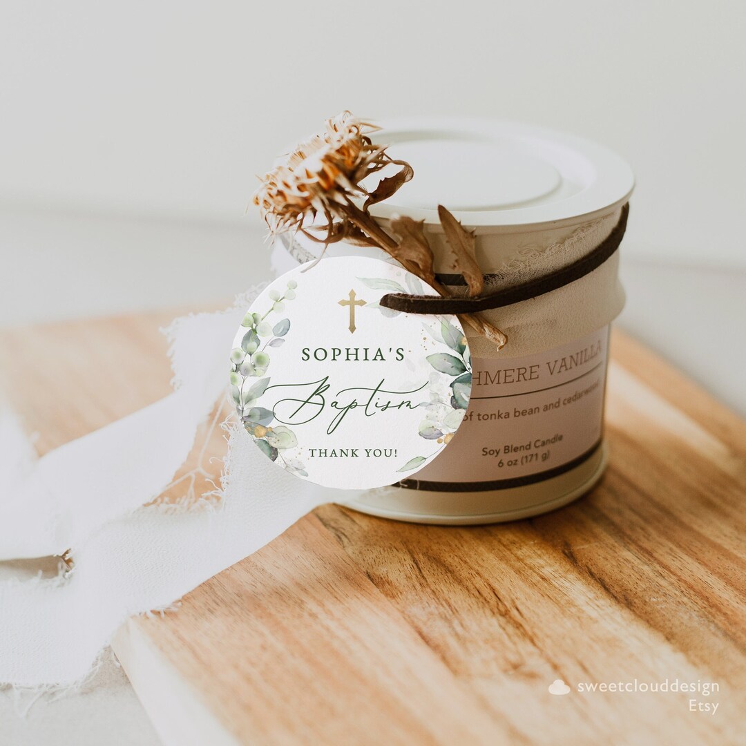 Greenery Baptism Round Tag Template Green Favor Circle Sticker Label ...