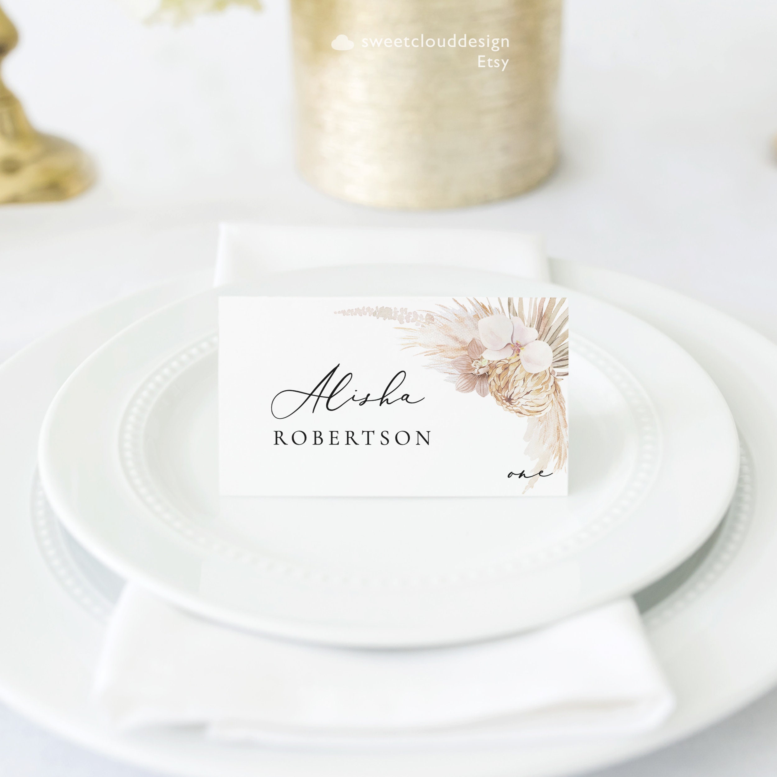 Boho Place Card Pampas Grass Bohemian Name Card Template Palm Leaf ...