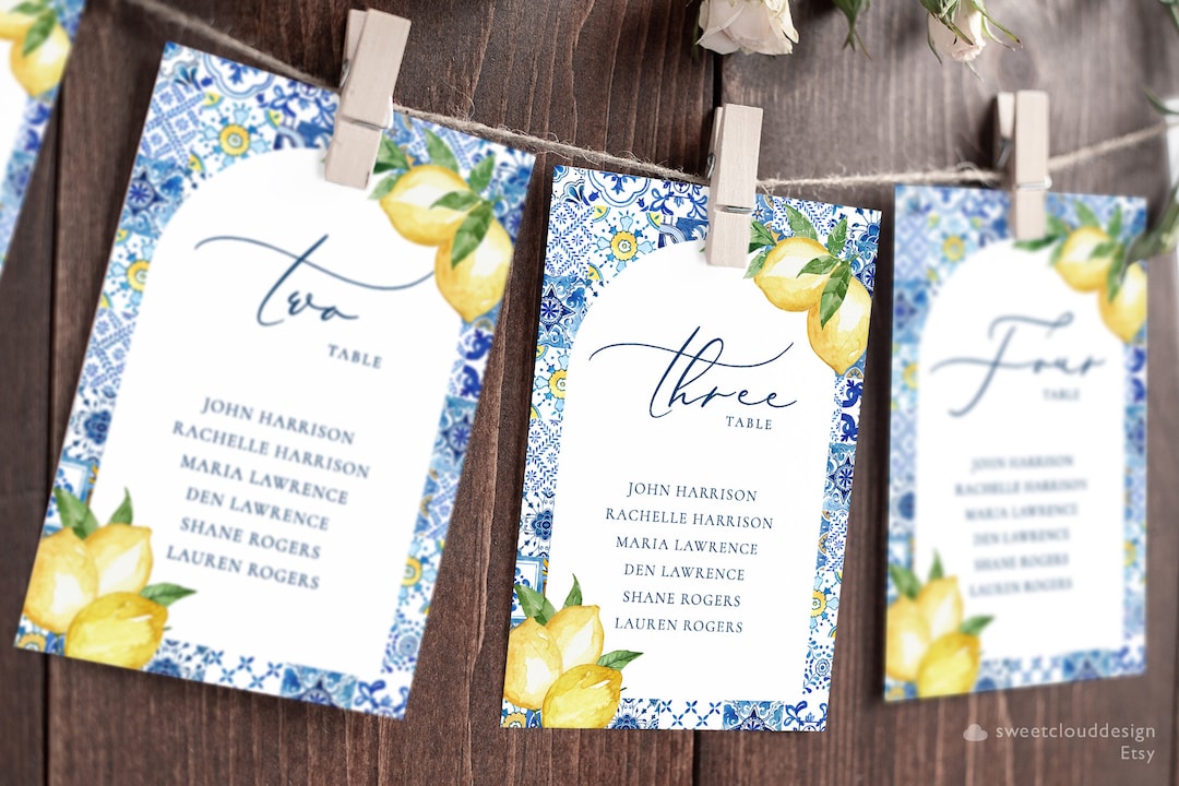 Blue Tile Lemon Frame Seating Card Template Italy Blue Tile Lemon Seat ...
