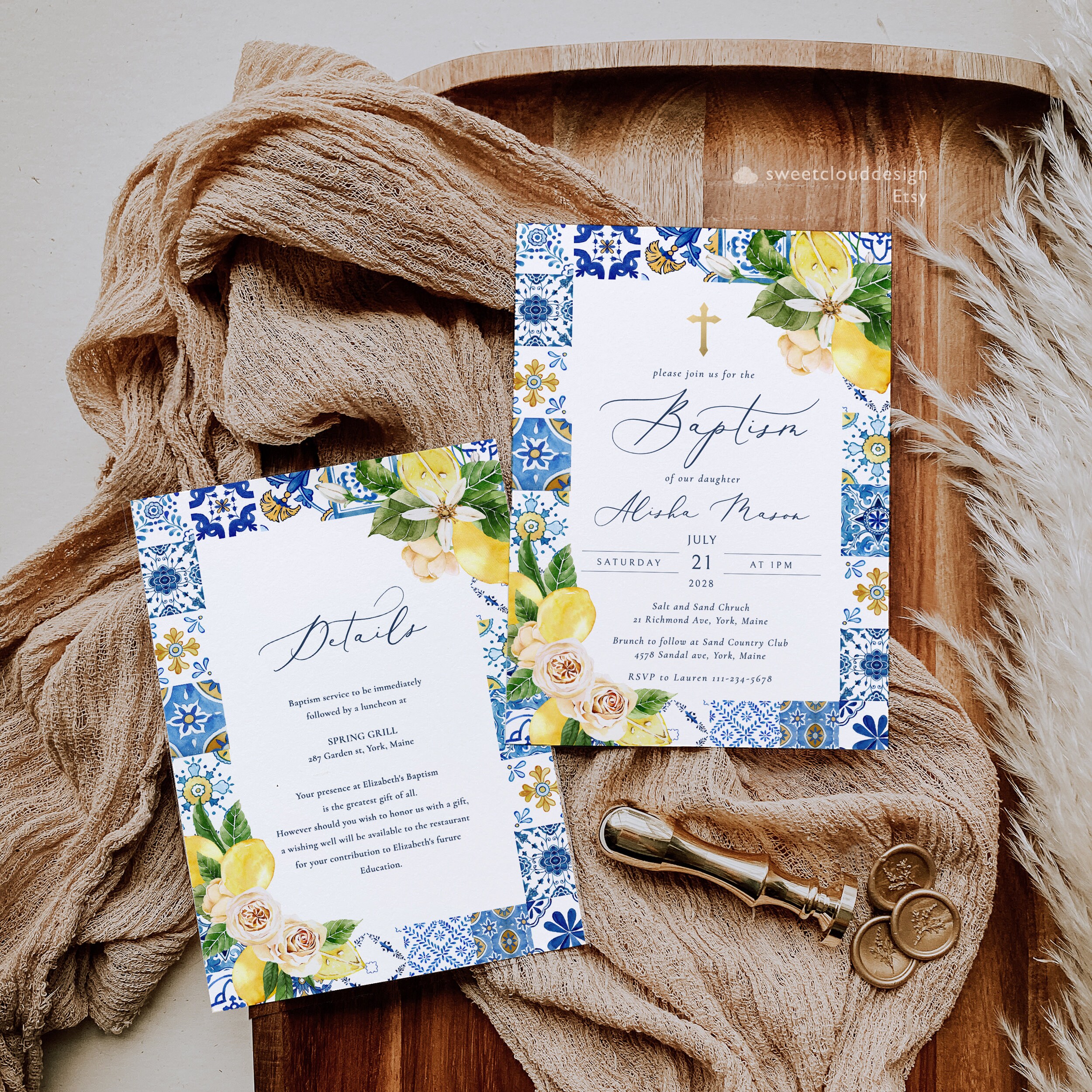 Blur Tile Baptism Invitation Template Mediterranean Lemon - Etsy