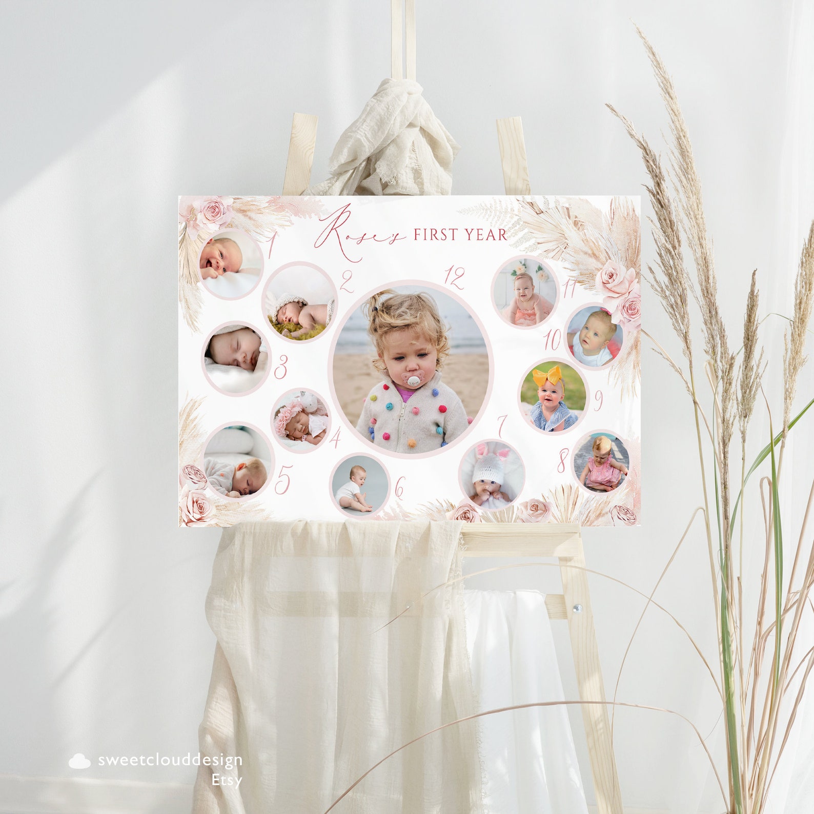Boho Dusty Pink First Birthday Photo Sign Template Blush Pampas Grass ...