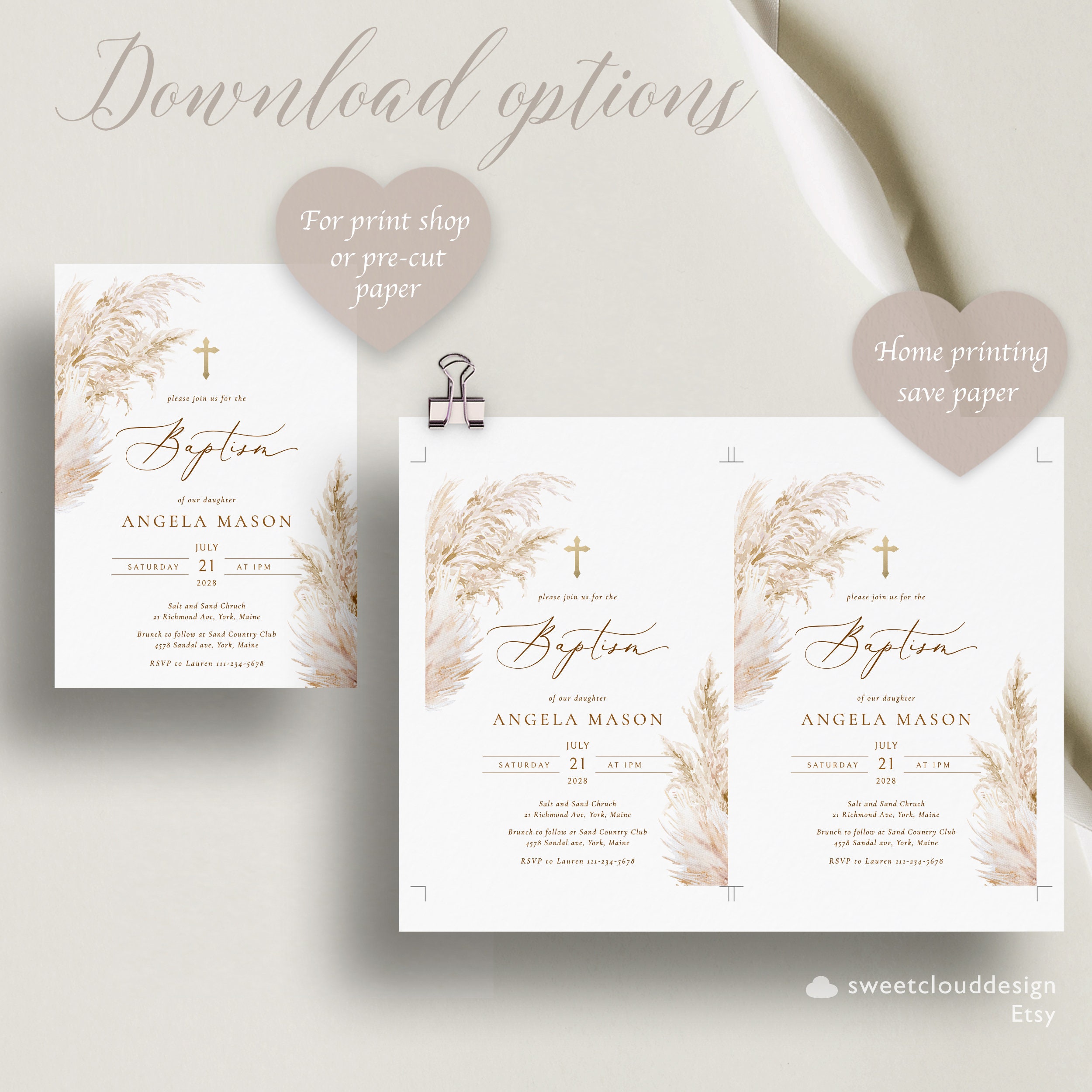 Pampas Grass Baptism Invitation Template Gold Cross Boho - Etsy