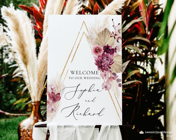 Signs Burgundy Boho Welcome Wedding Sign Template Vertical Magenta boho ...