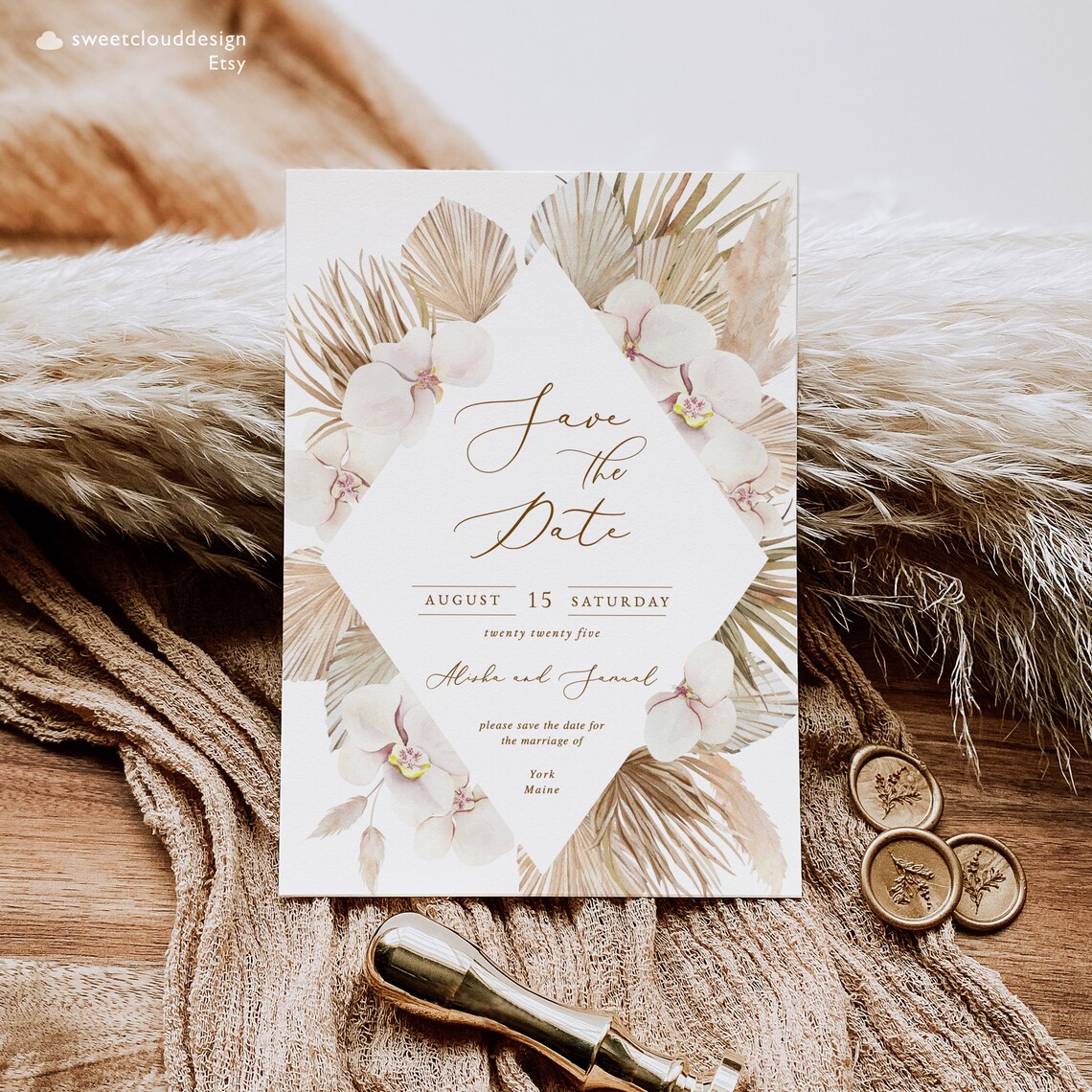 Boho Save the Date Template, Pampas Grass Calendar Editable Save the ...