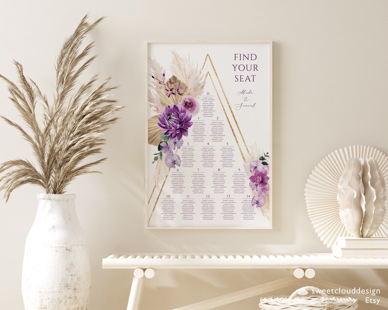 Purple Boho Seating Chart Sign Template Violet Floral Seat - Etsy