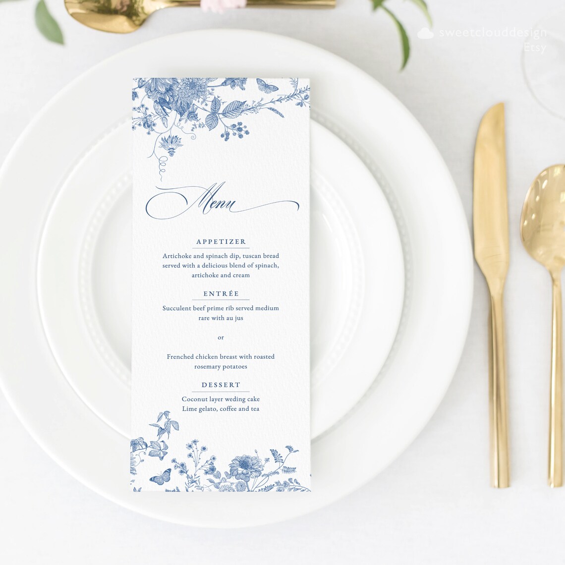 Dusty Blue Flower Menu Template Steel Blue Floral Wedding Menu Blue ...