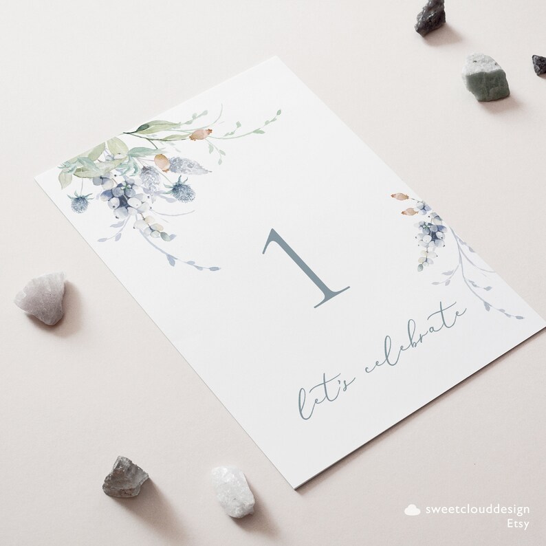 Dusty Blue Floral Table Number Template Steel Blue and Berry Greenery ...