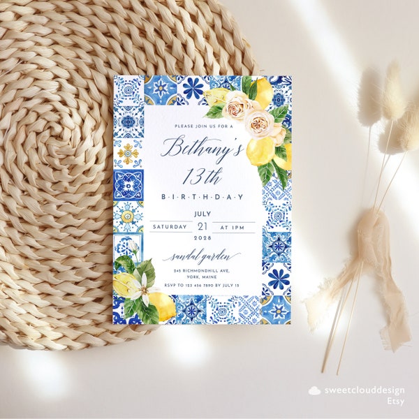 Blue Tile Lemon Party Invitation - Etsy