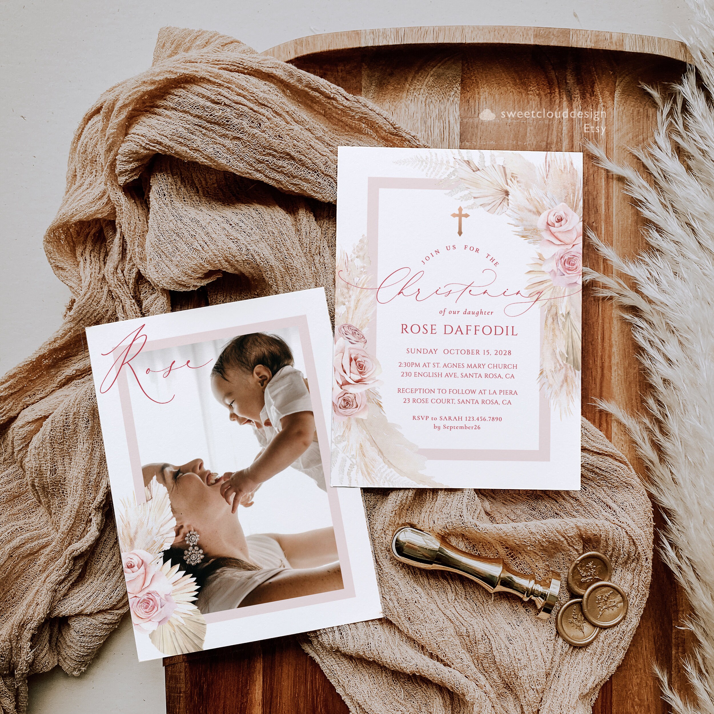 BOHO Blush Christening Invitation Template Girl Blush Floral Printable ...
