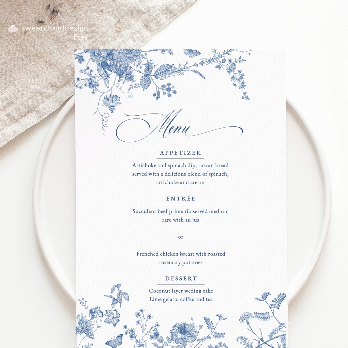 Dusty Blue Flower Menu Template Steel Blue Floral Wedding Menu Blue ...
