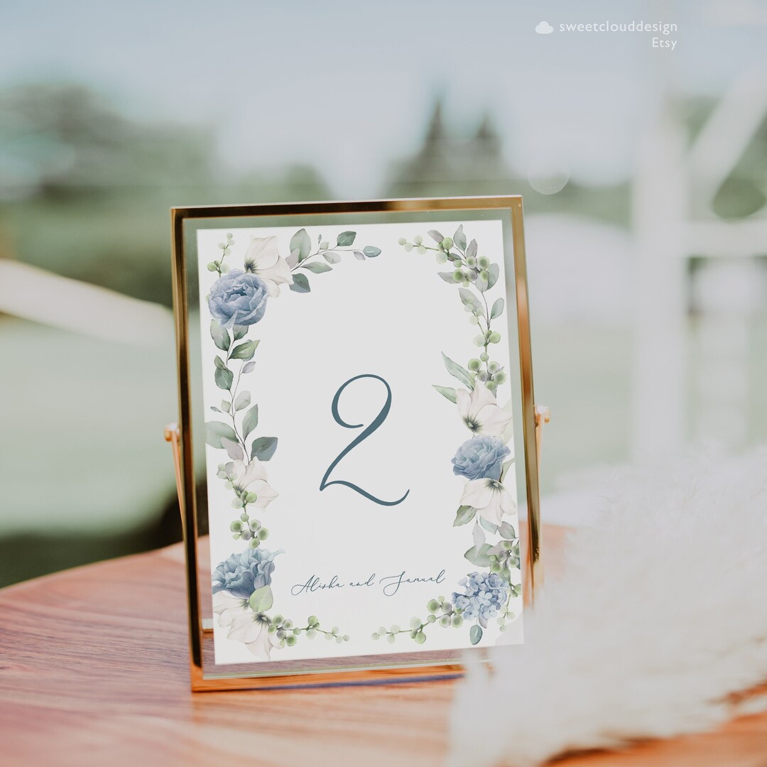 Steel Blue Floral Table Number Template Dusty Blue Rose and Greenery ...