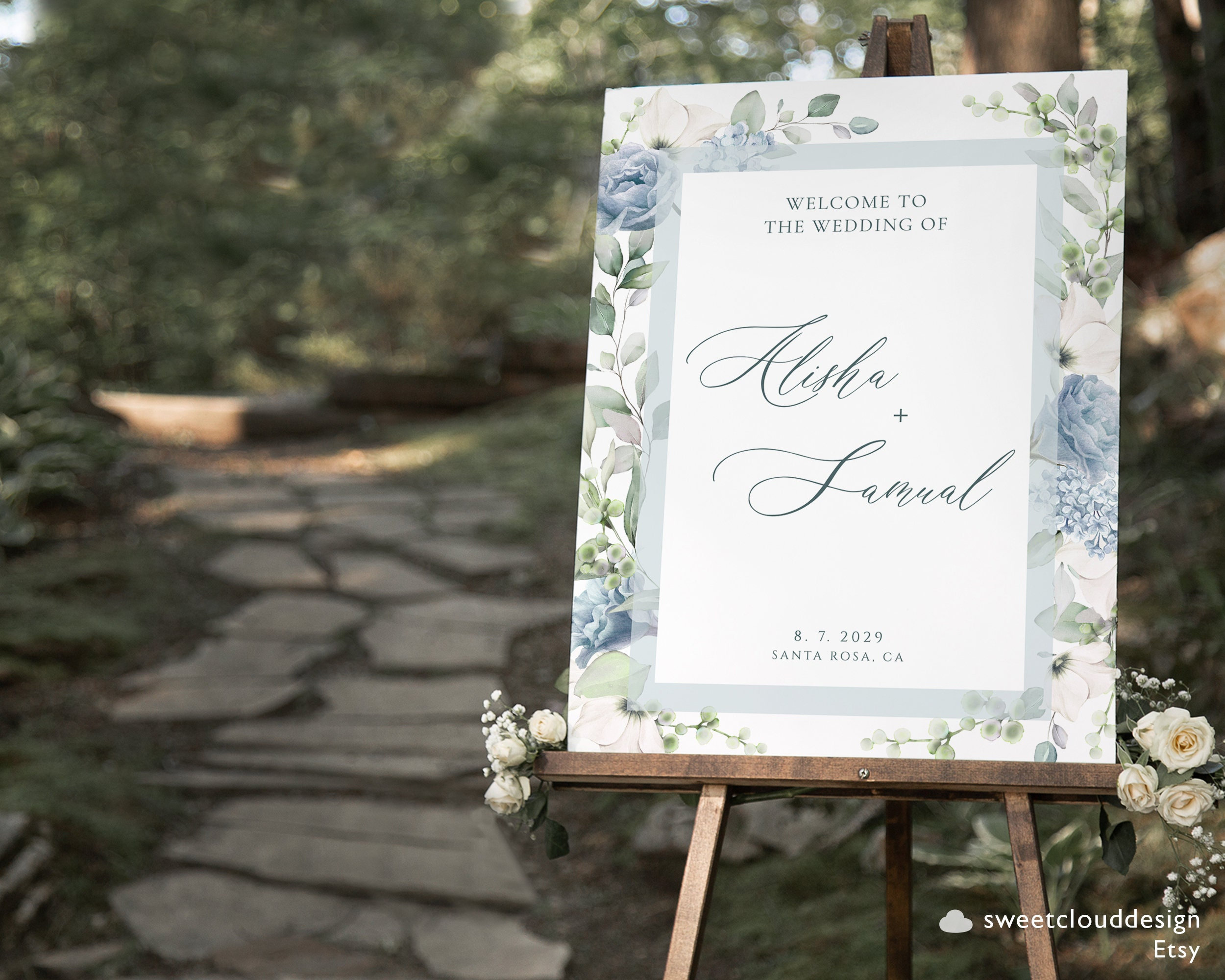 Steel Blue Floral Wedding Sign Dusty Blue Flower Welcome Wedding Sign ...