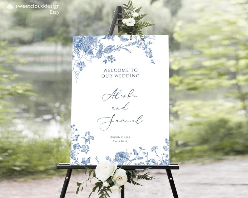 Dusty Blue Floral Wedding Welcome Sign Blue Flower Welcome Wedding Sign ...