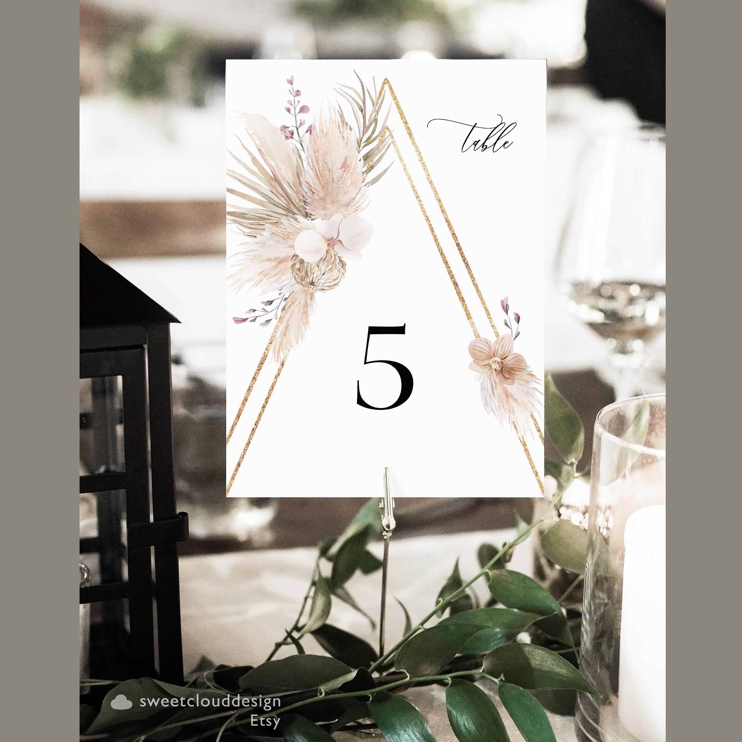Boho Table Number Boho Orchid Wedding Table Number Pampas Grass Table ...