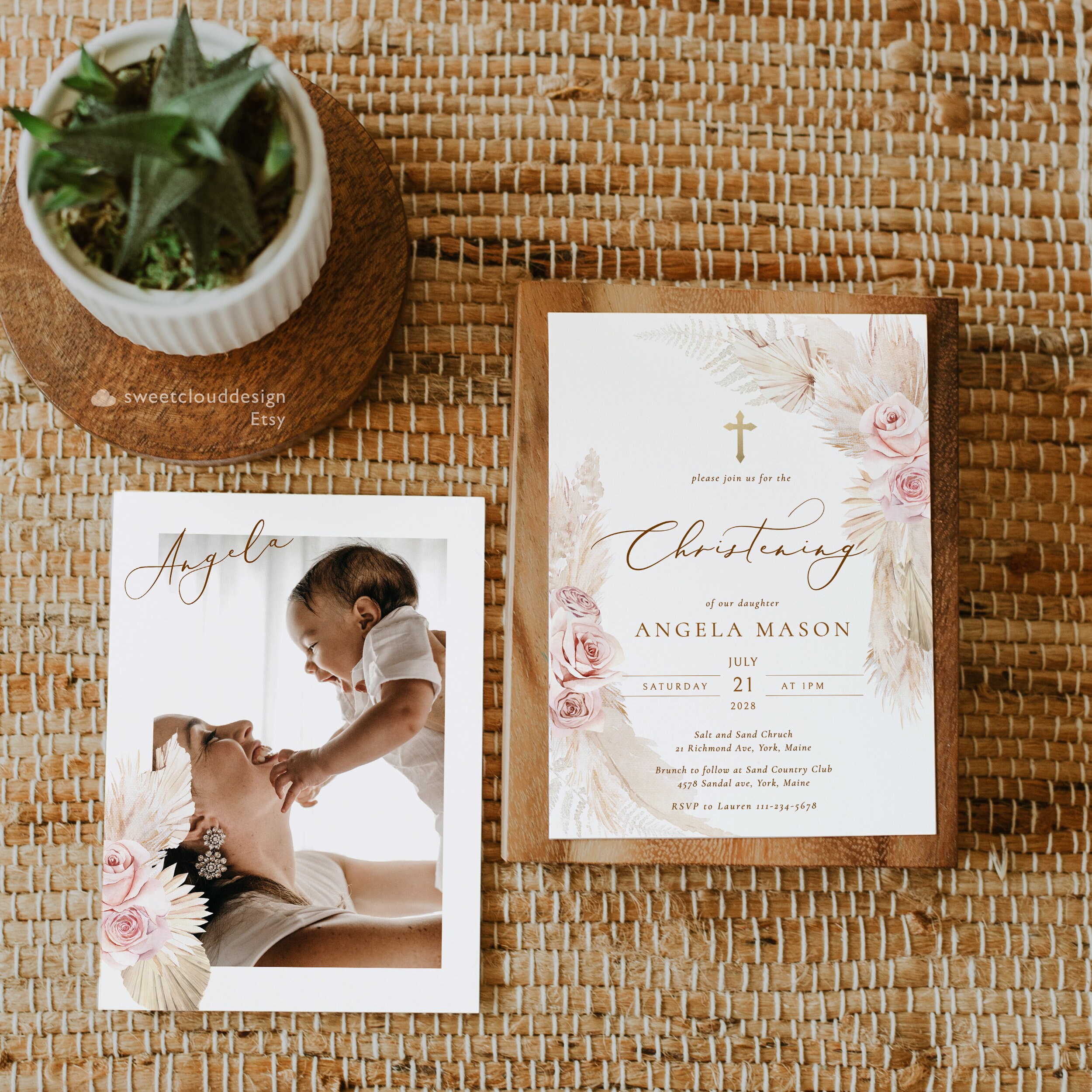 BOHO Blush Christening Invitation Template Girl Blush Floral Printable ...
