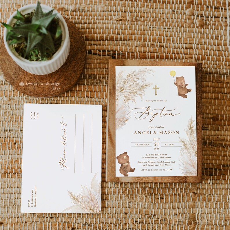 Teddy Bear Baptism Invitation Template Pampas Grass Baptism - Etsy