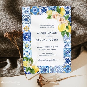 Positano Blue Tile Invitation Set Lemon Wedding Invitation Template ...