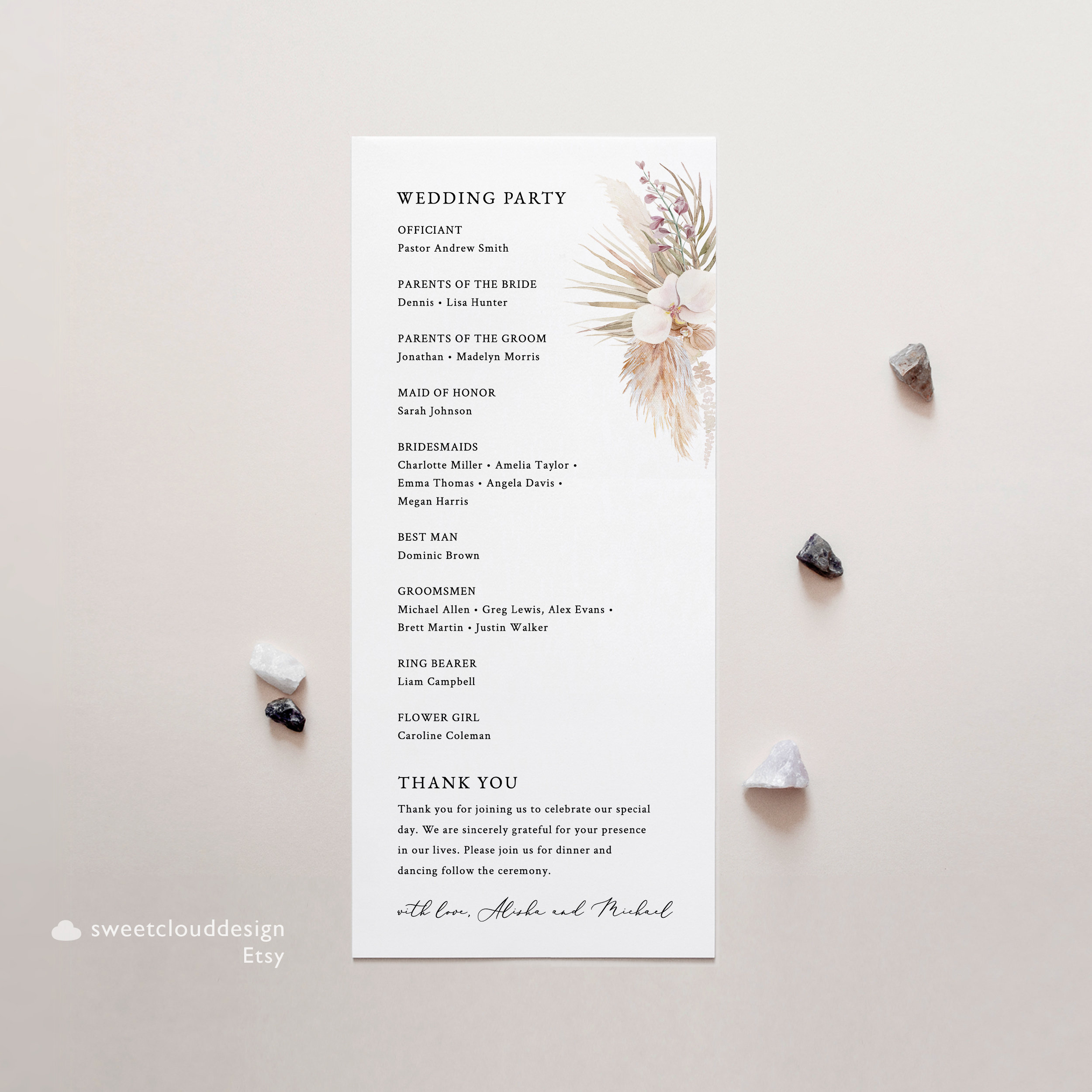 Gold Boho Wedding Program Template Orchid Bohemian Program Pampas Grass ...