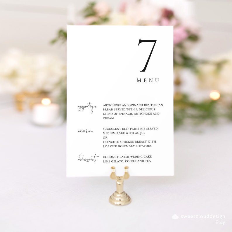 Minimal Table Numbers With Menu Template Simple Printable | Etsy