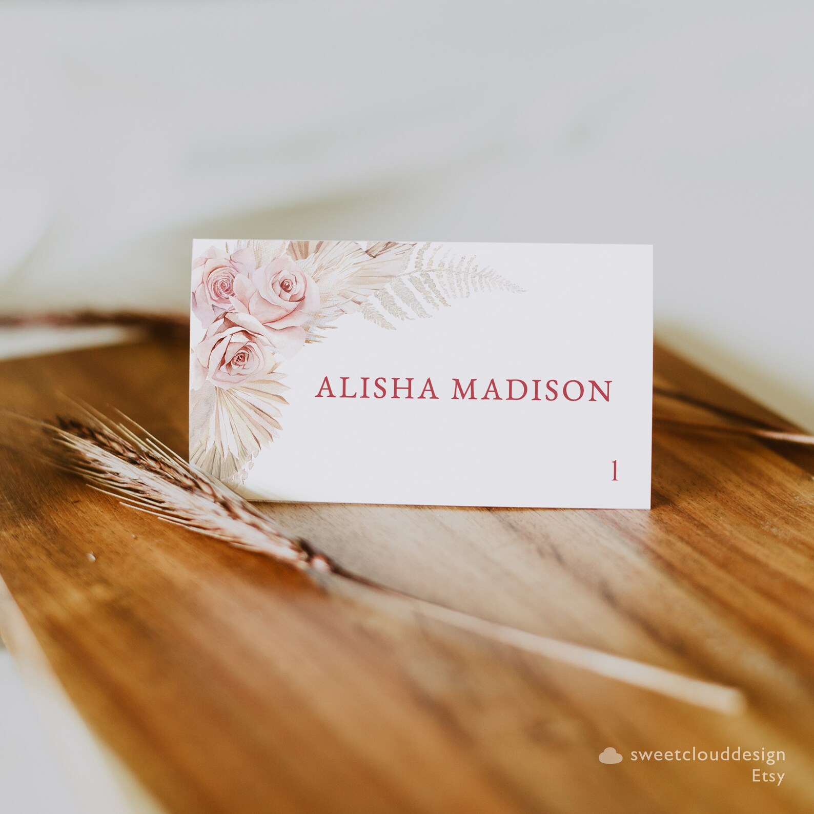 Blush Boho Place Card Template Pink Floral Bohemian Name Card Blush ...