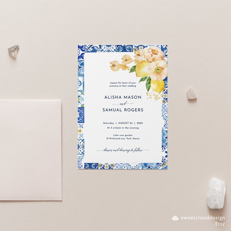 Positano Blue Tile Invitation Set Peach Floral Wedding - Etsy