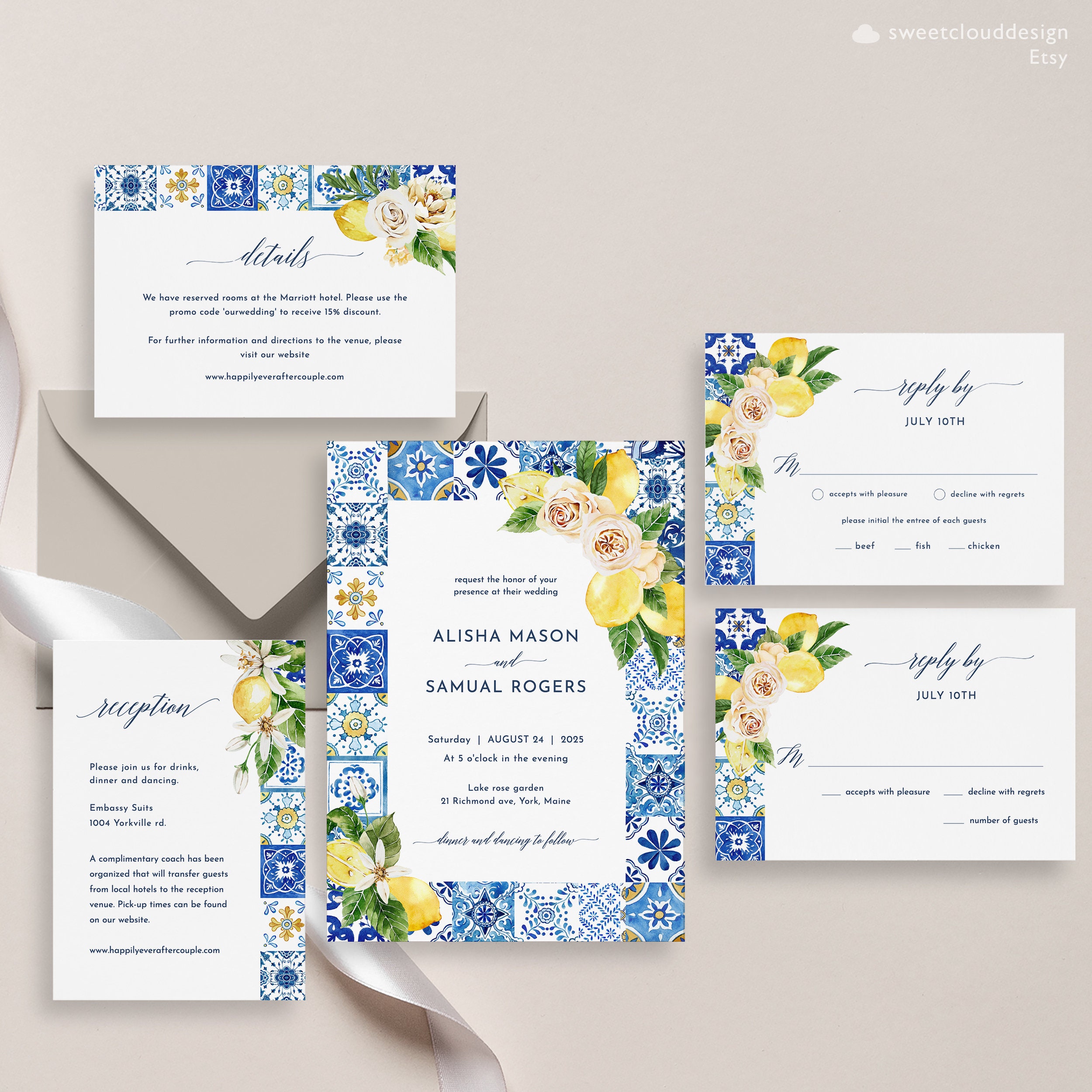 Positano Blue Tile Invitation Set Lemon Wedding Invitation Template ...