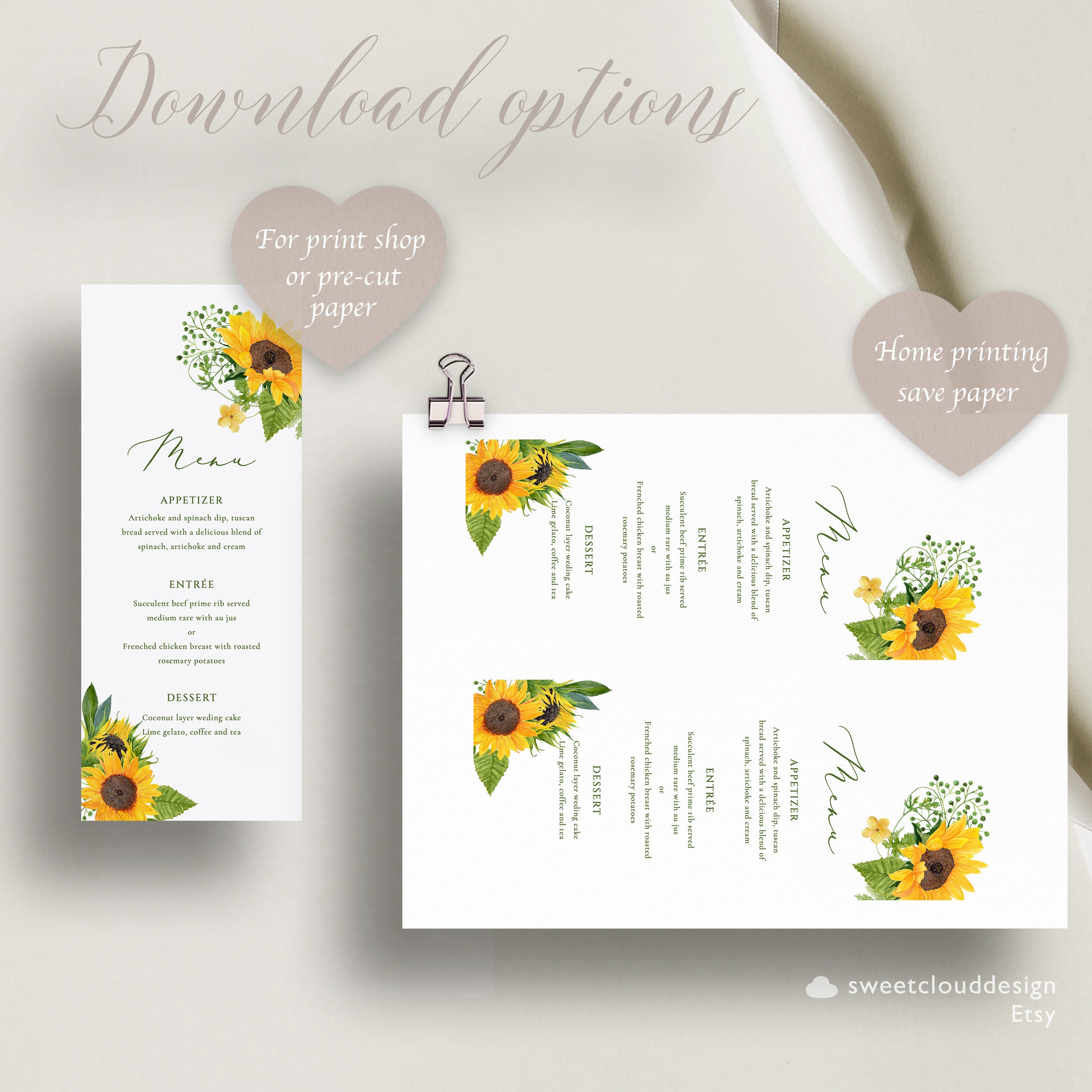 Sunflower Wedding Menu Template Sunflower Table Menu Cards Printable ...