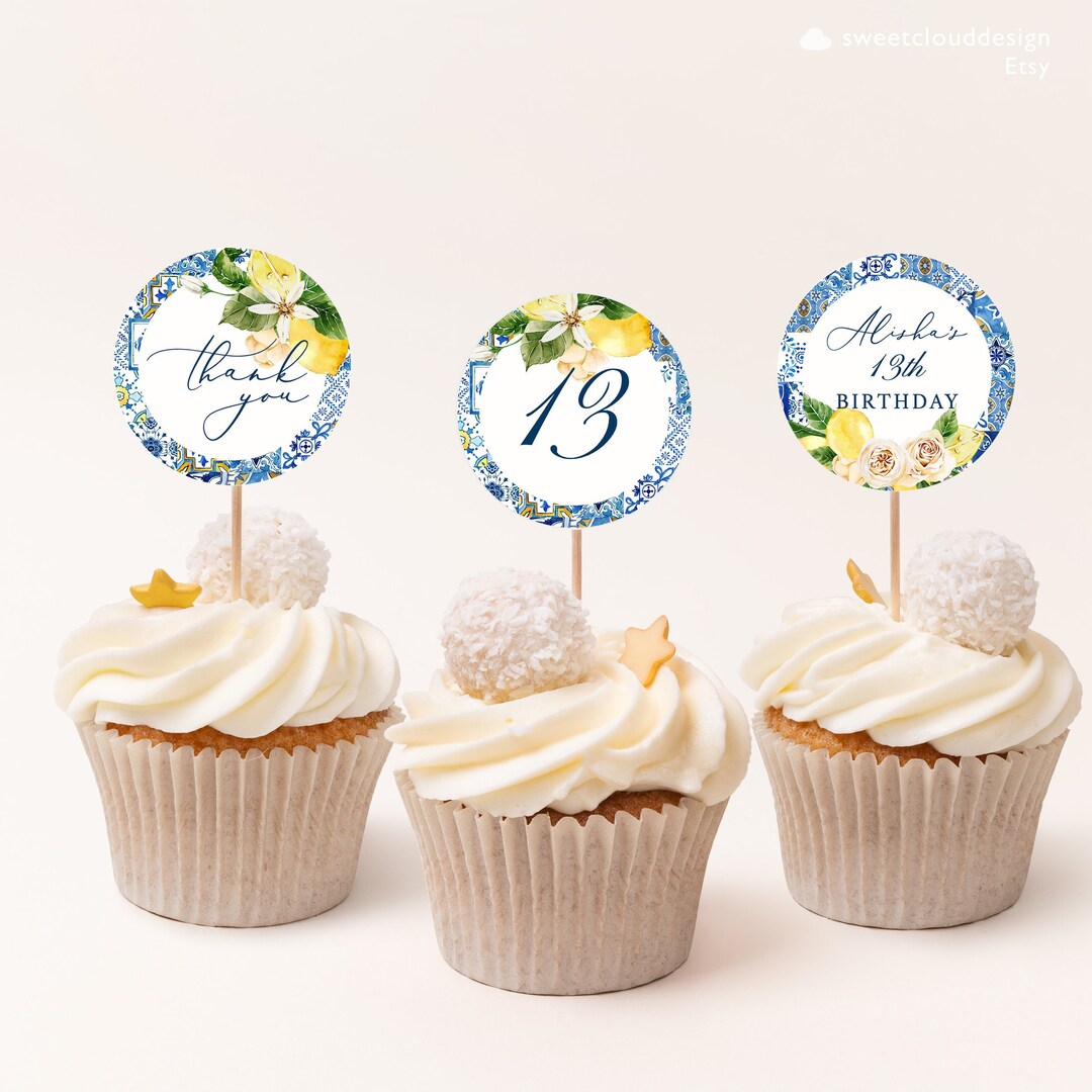 Blue Tile and Lemon Birthday Cupcake Topper Printable Lemon and Flower ...