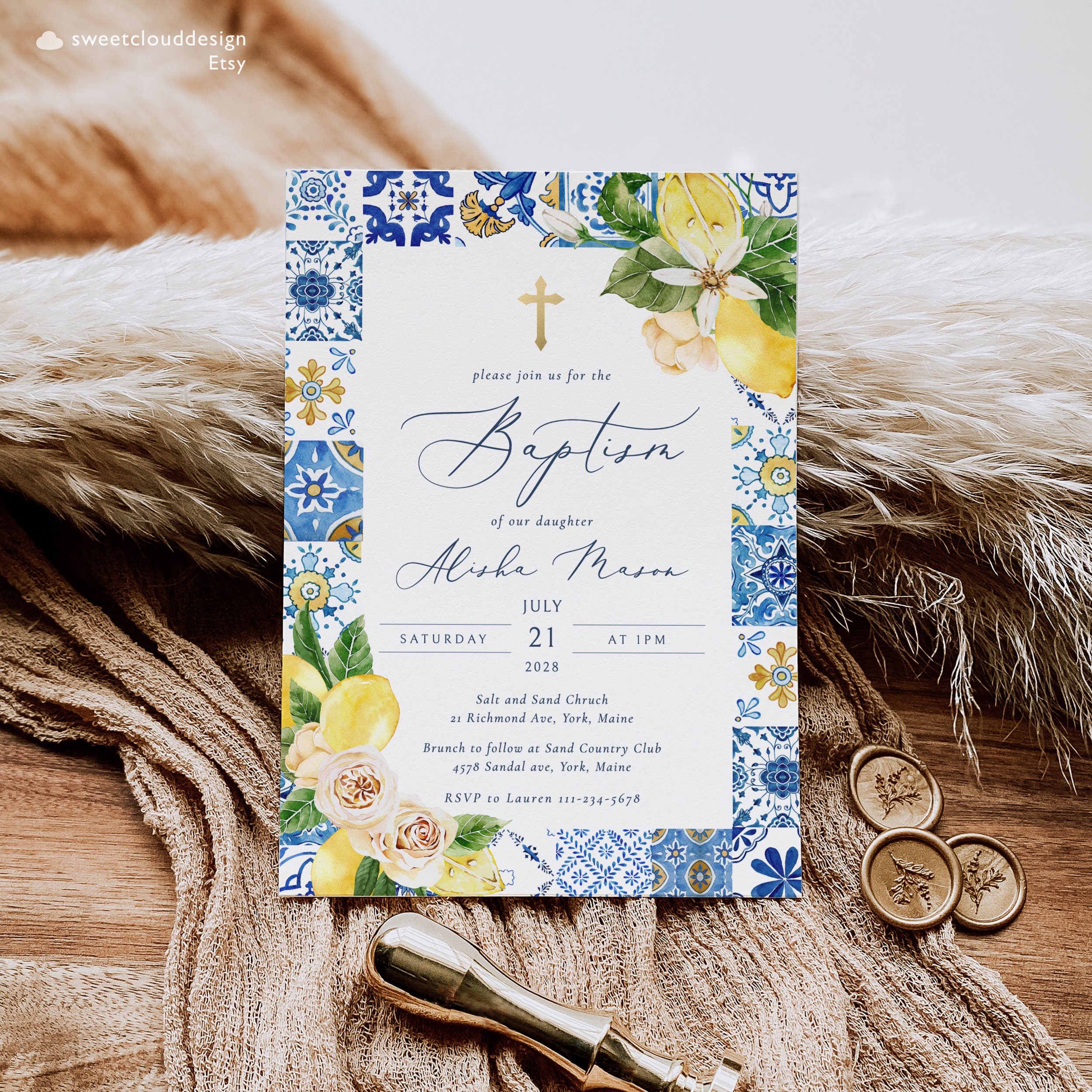 Blur Tile Baptism Invitation Template Mediterranean Lemon - Etsy