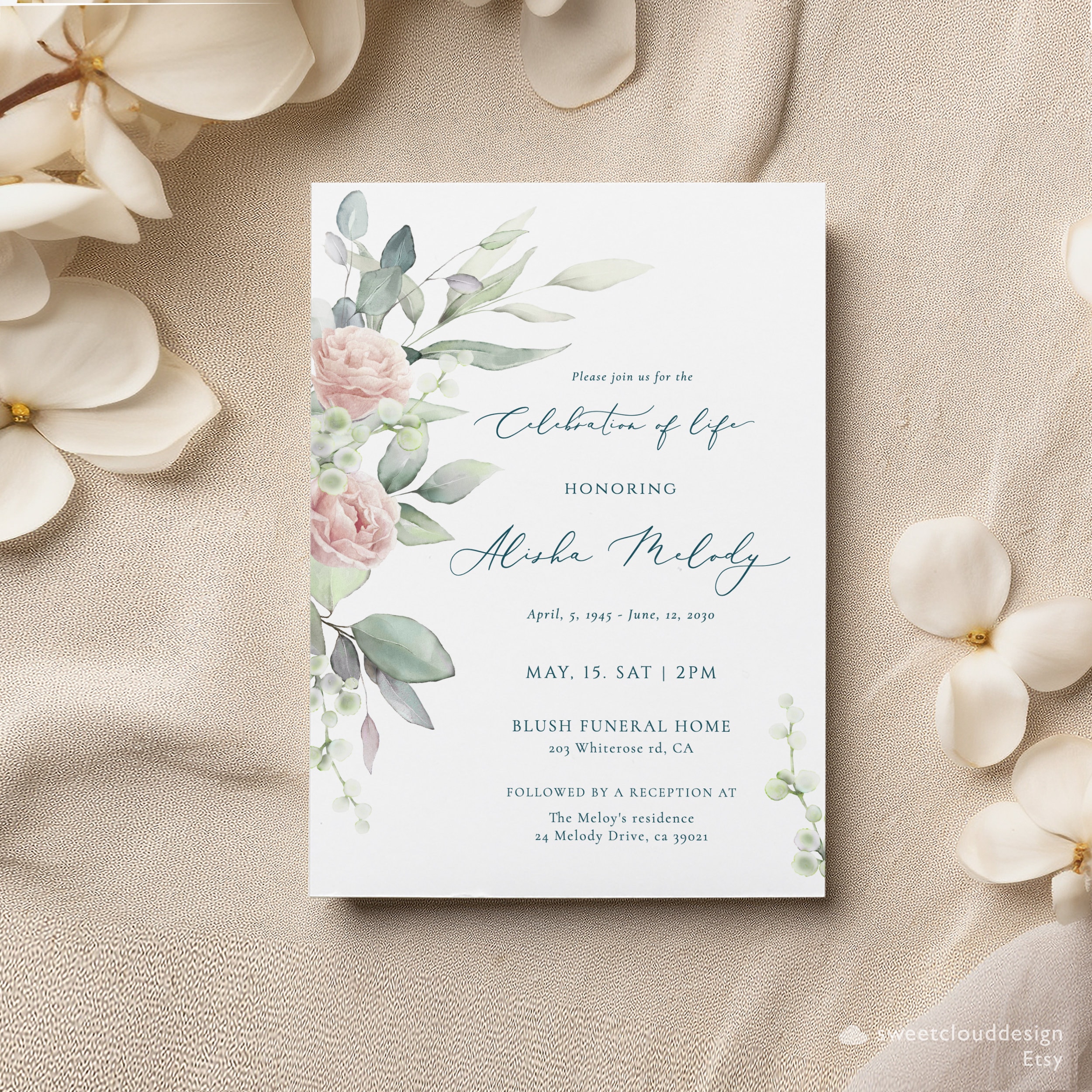 Dusty Pink Flower Funeral Invitation Blush Floral Rose Funeral ...