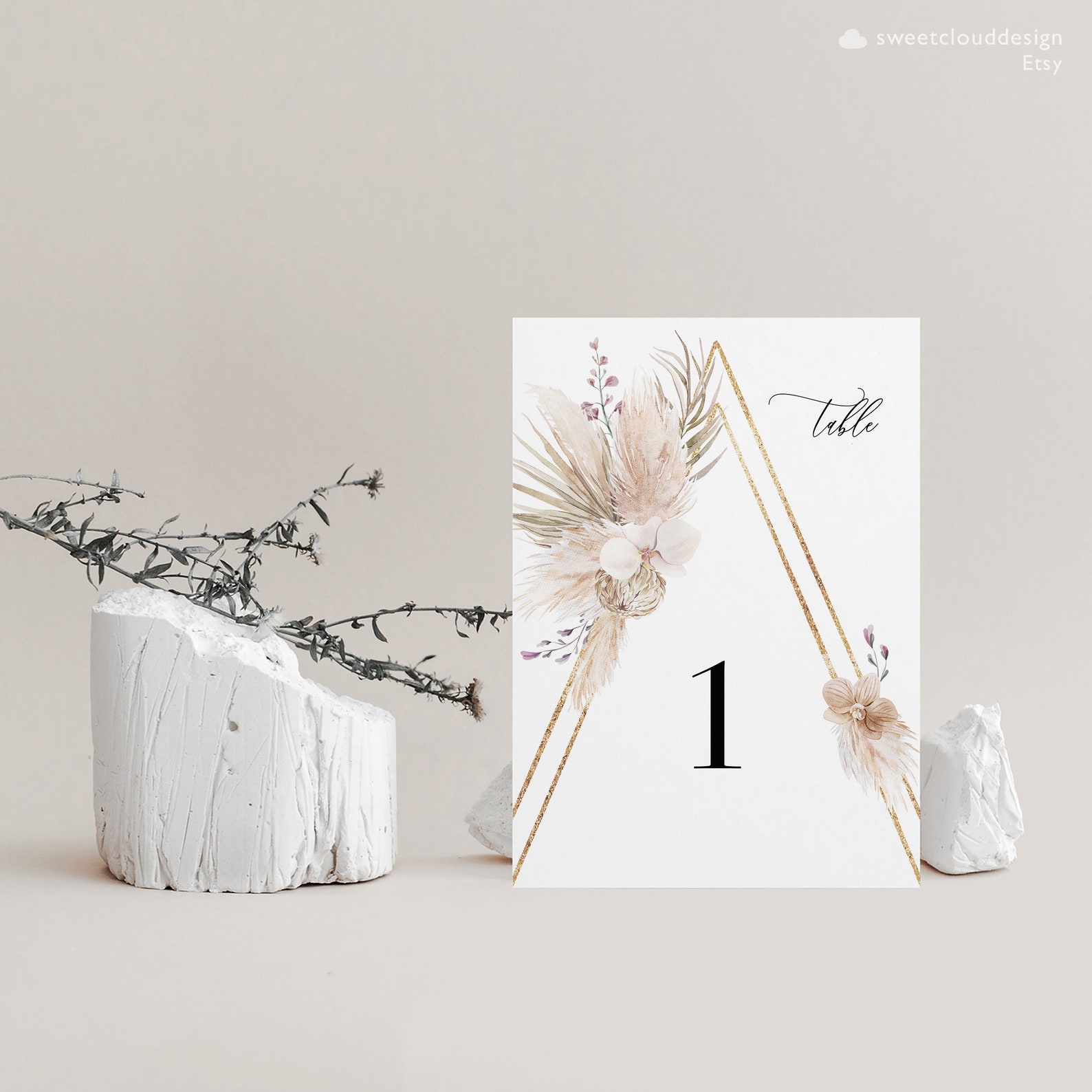 Boho Table Number Boho Orchid Wedding Table Number Pampas Grass Table ...