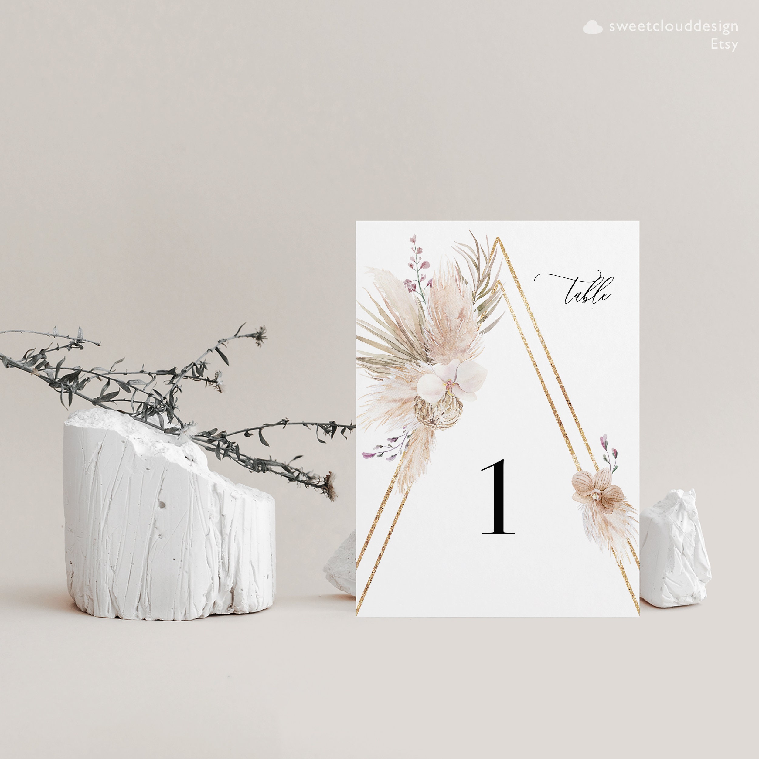 Boho Table Number Boho Orchid Wedding Table Number Pampas Grass Table ...