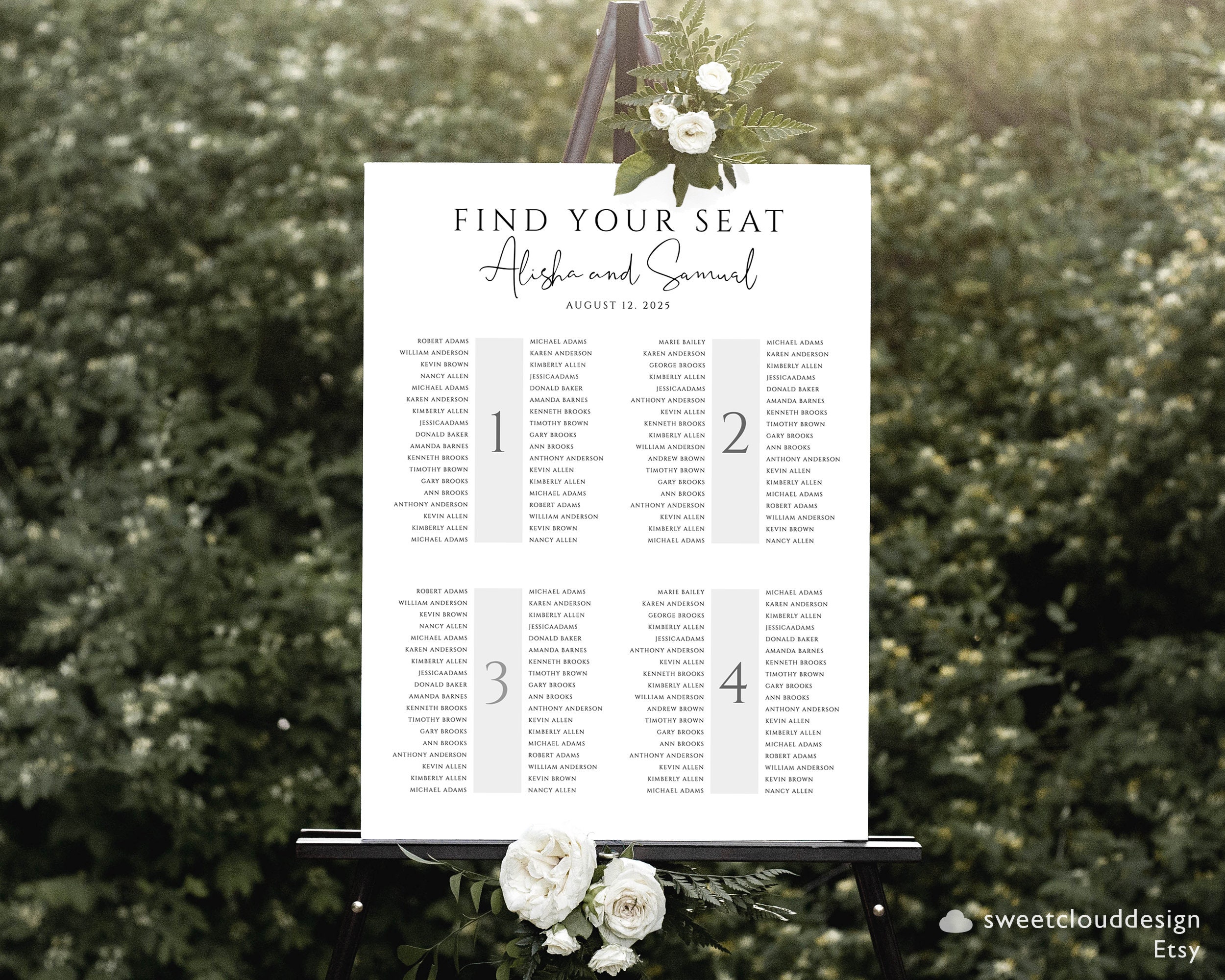 4 Tables Modern Wedding Seating Chart Editable Simple Seating Plan ...