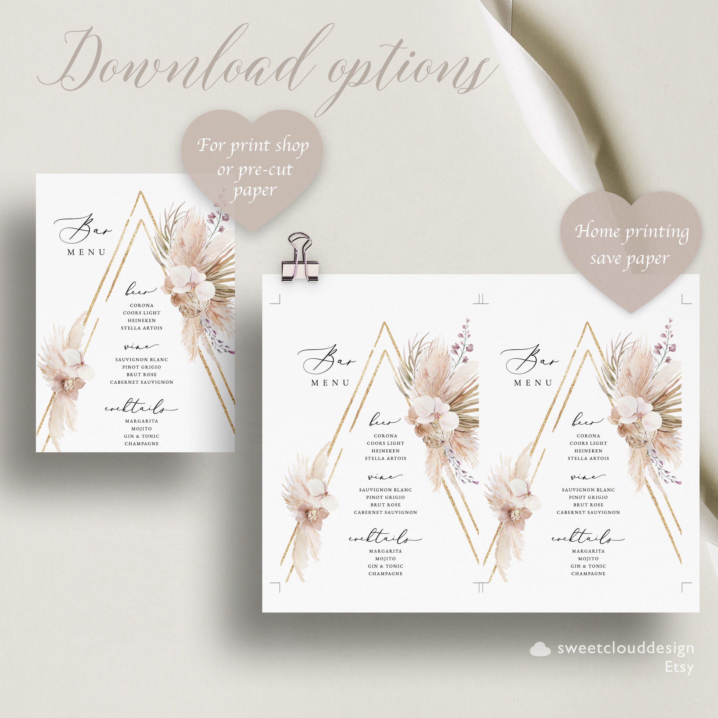 BOHO Bar Menu template orchid gold arch Bar Sign pampas grass | Etsy