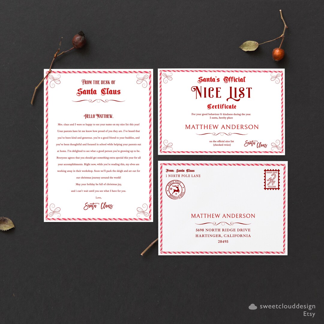 Santa Letter Bundle Nice List Certificate Set Letter From Santa Claus ...