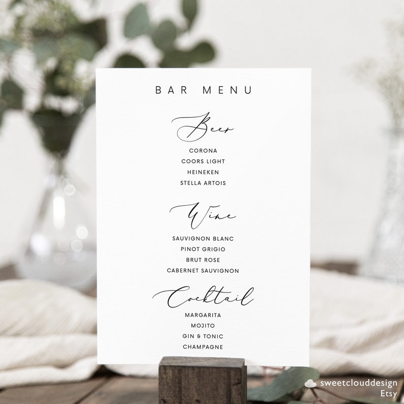 Simple Bar Menu Sign Drink Bar Sign Table Cocktails Sign Printable Bar ...