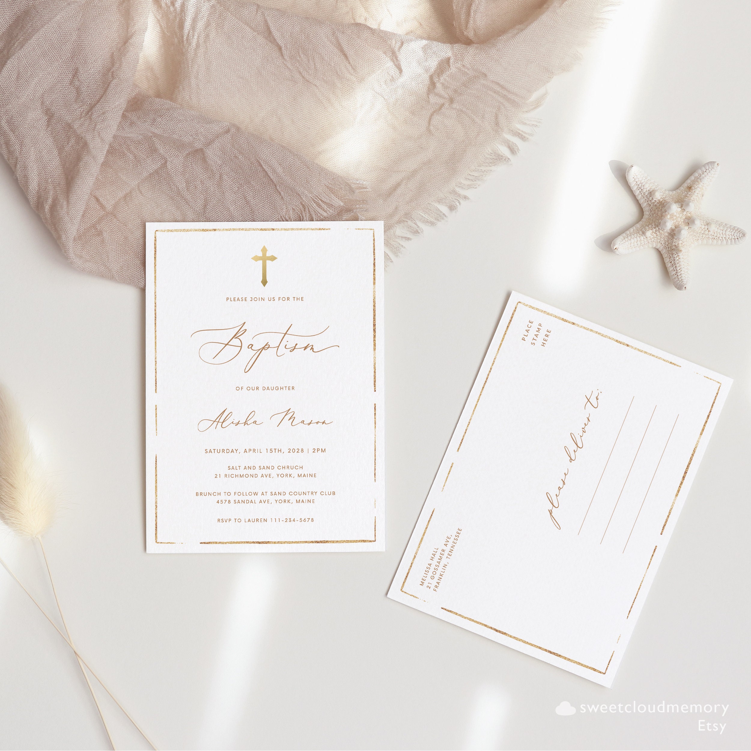 Gold Cross Baptism Invitation Gold Frame Baptism Invite - Etsy