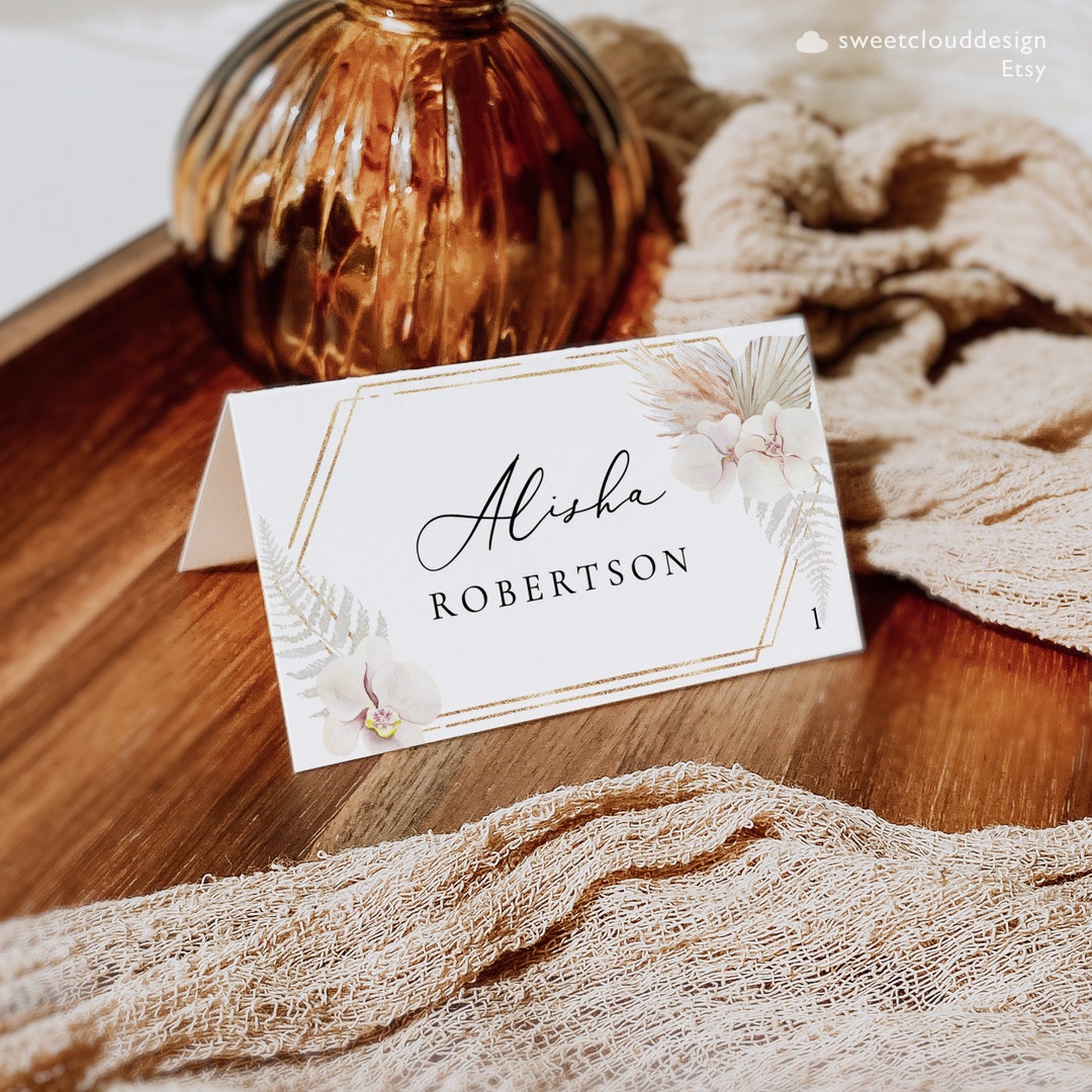 Boho Place Card Gold Frame Name Card Pampas Grass Table Name Card ...