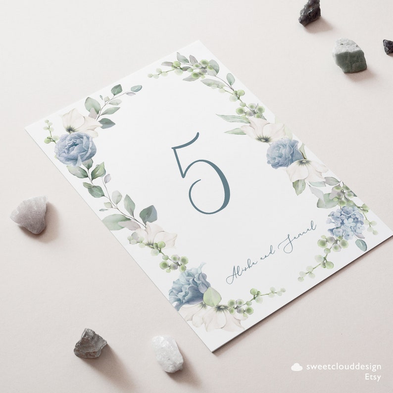 Steel Blue Floral Table Number Template Dusty Blue Rose and Greenery ...