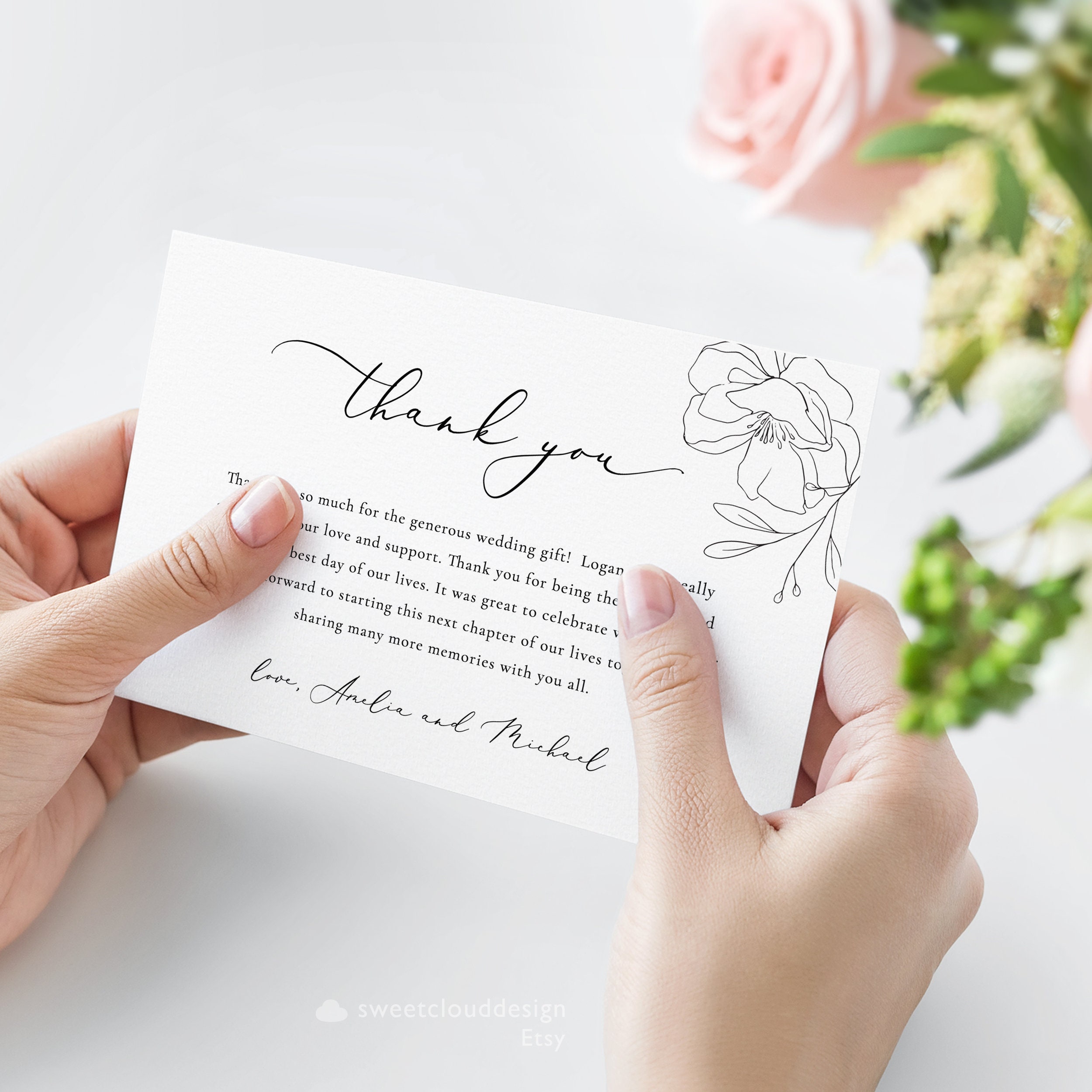 Simple Thank You Card Line Art Floral Editable Wedding Thank You Card ...